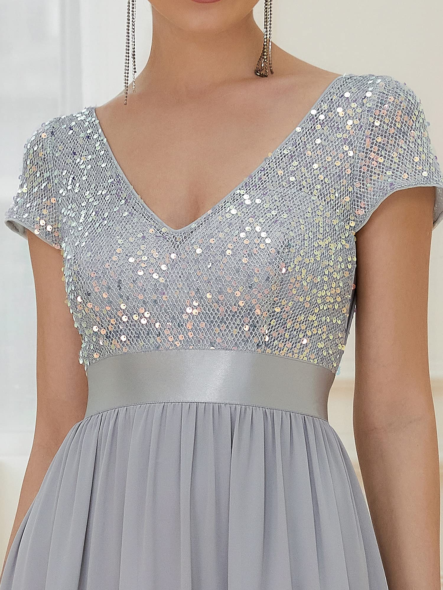 Ever-Pretty Women's Sequin V-Neck A-line Short Sleeves Empire Waist Maxi Evening Party Dress Silver US16