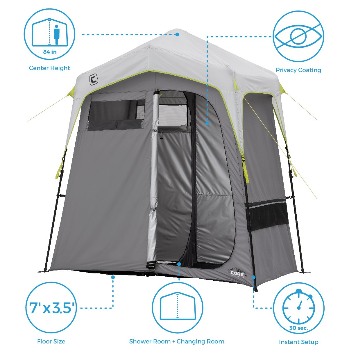 CORE Instant Cabin Shower Tent | 2 Room Camping Utility Tent with Changing Privacy Room | Portable Large Pop Up Tent with Easy 60 Second