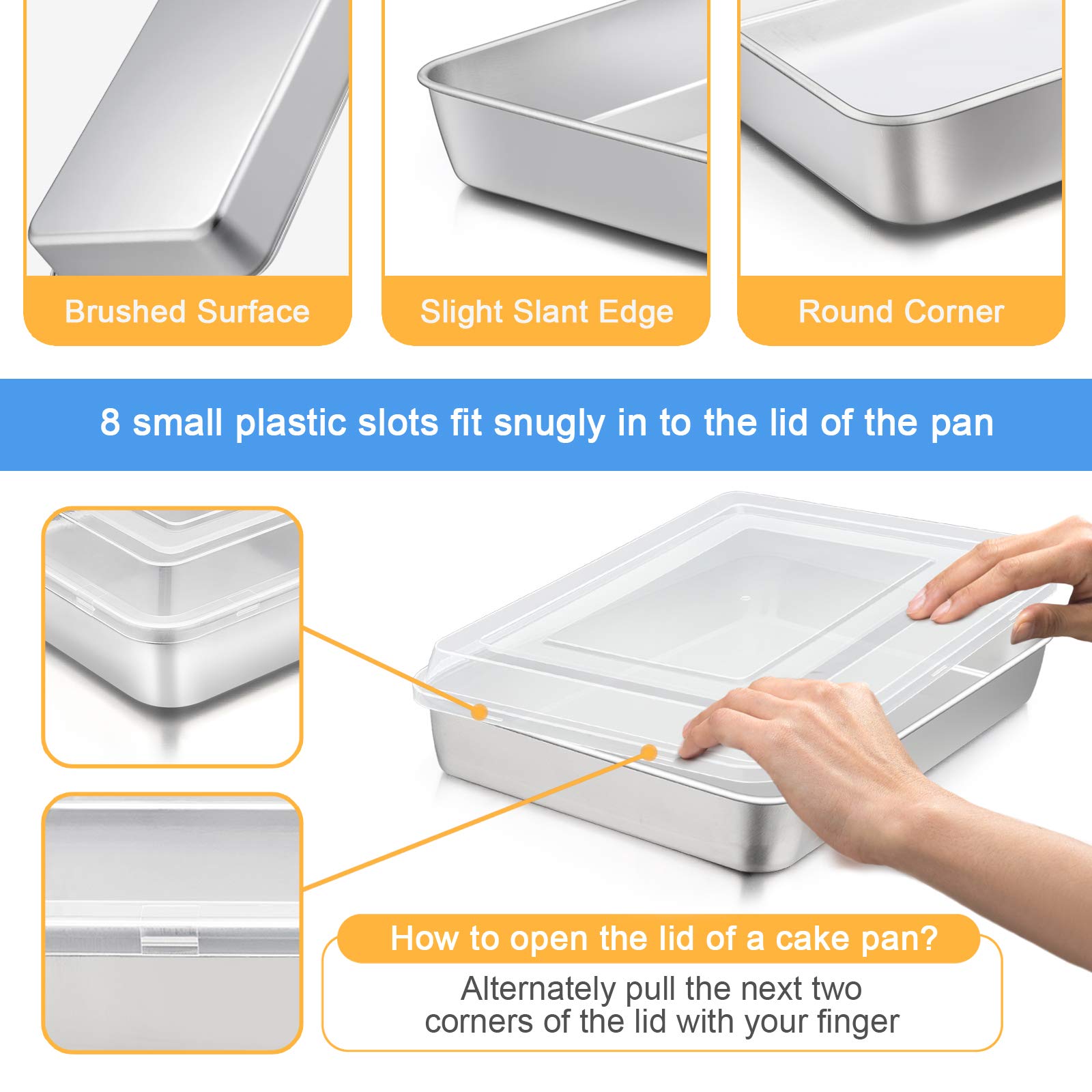 E-far Stainless Steel Baking Pan with Lid, 12⅓ x 9¾ x 2 Inch Rectangle Sheet Cake Pans with Covers Bakeware for Cakes Brownies Casseroles, Non-toxic & Healthy, Heavy Duty & Dishwasher Safe - Set of 2