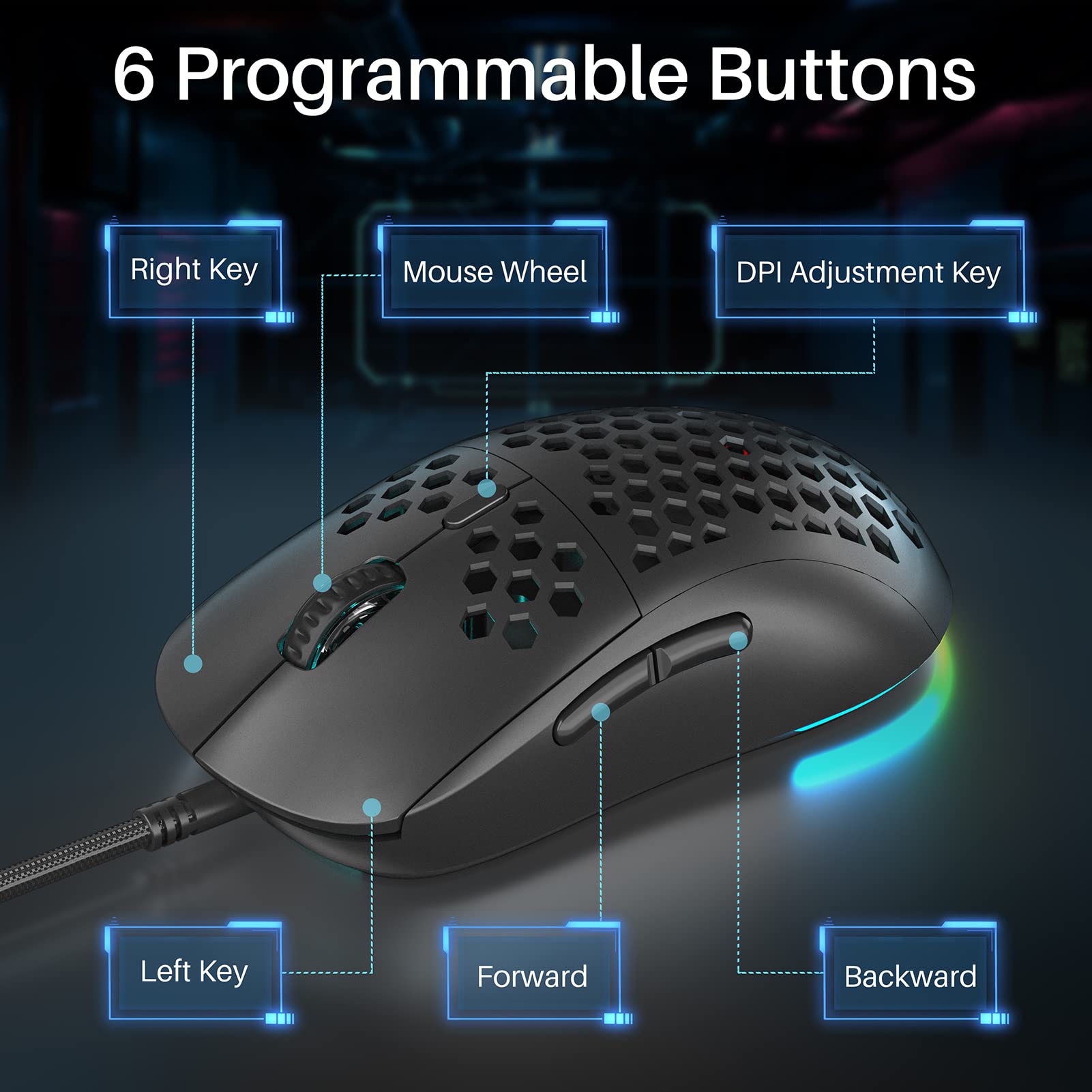 DIERYA Falcon Gaming Mouse, Up to 16000 DPI, Ultra-Lightweight Honeycomb Mouse, RGB Wired Gaming Mice with 7 Buttons Programmable Driver for Windows PC Gamer Designer (Black)