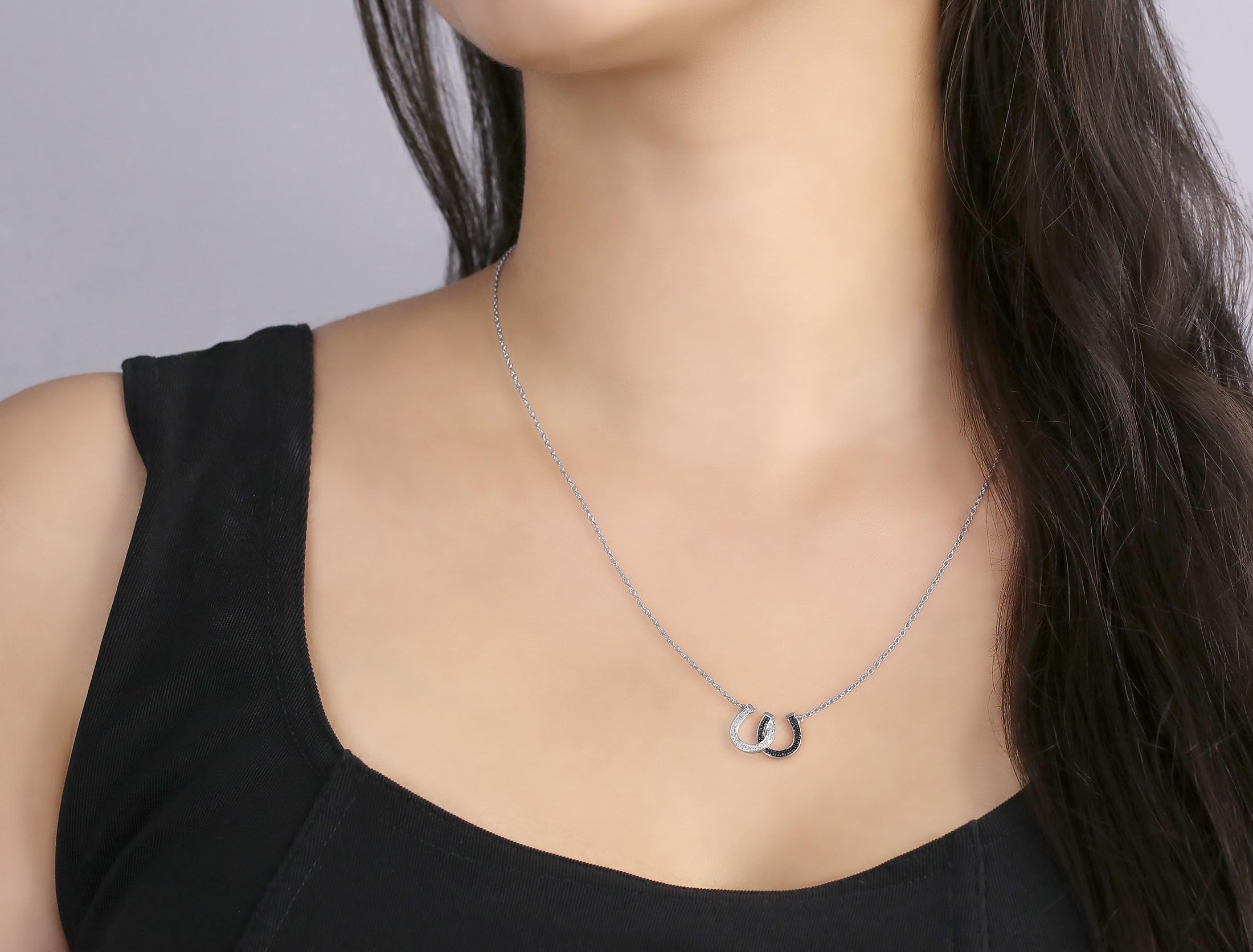 Dazzlingrock Collection 0.12 Carat (Ctw) Round Black & White Diamond Double Horseshoe Pendant with 18 inch Silver Chain for Women in in 925 Sterling Silver