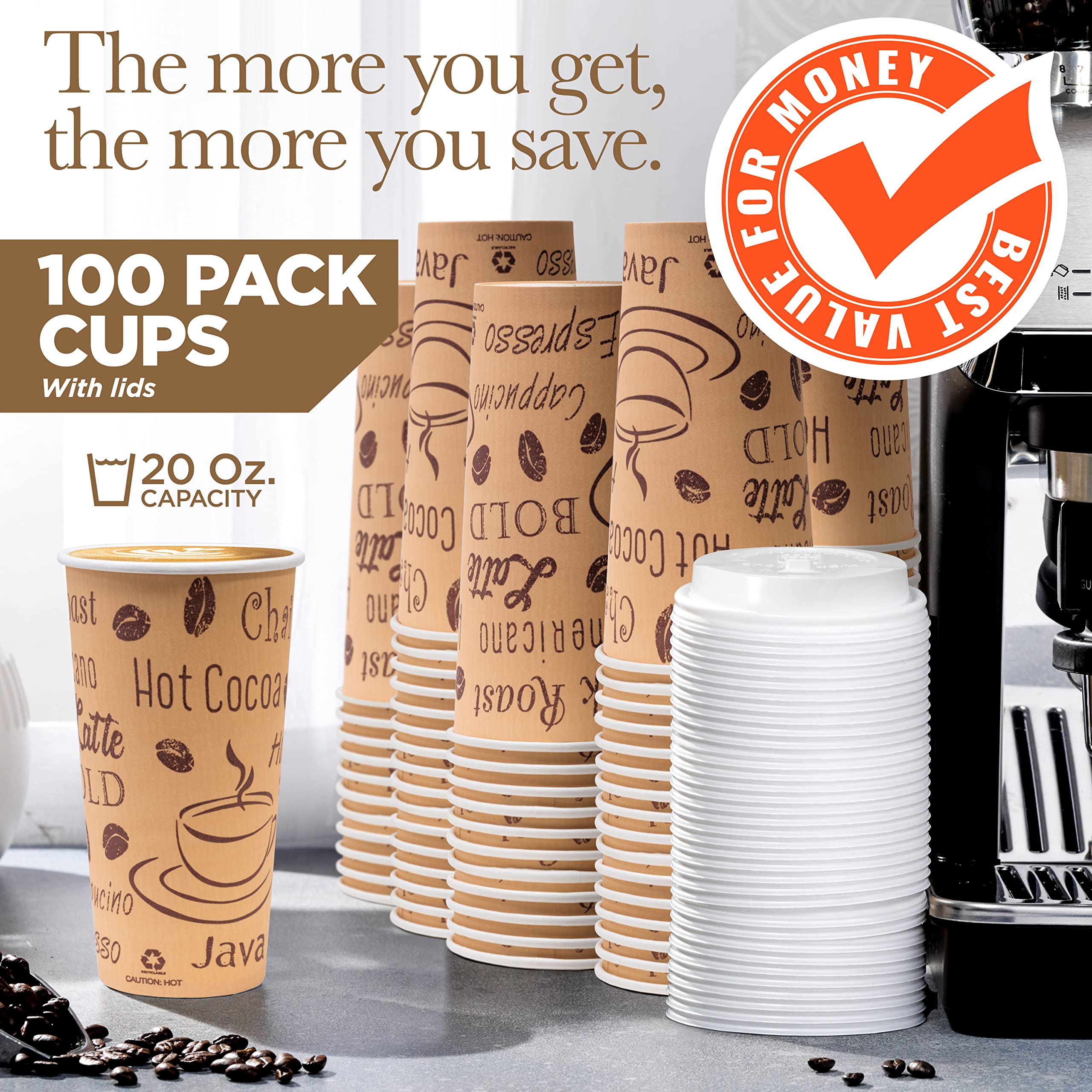 Disposable Coffee Cups with Lids 16 oz (100 Pack) - To Go Paper for Hot & Cold Beverages, Coffee, Tea, Chocolate, Water, Juice Eco Friendly