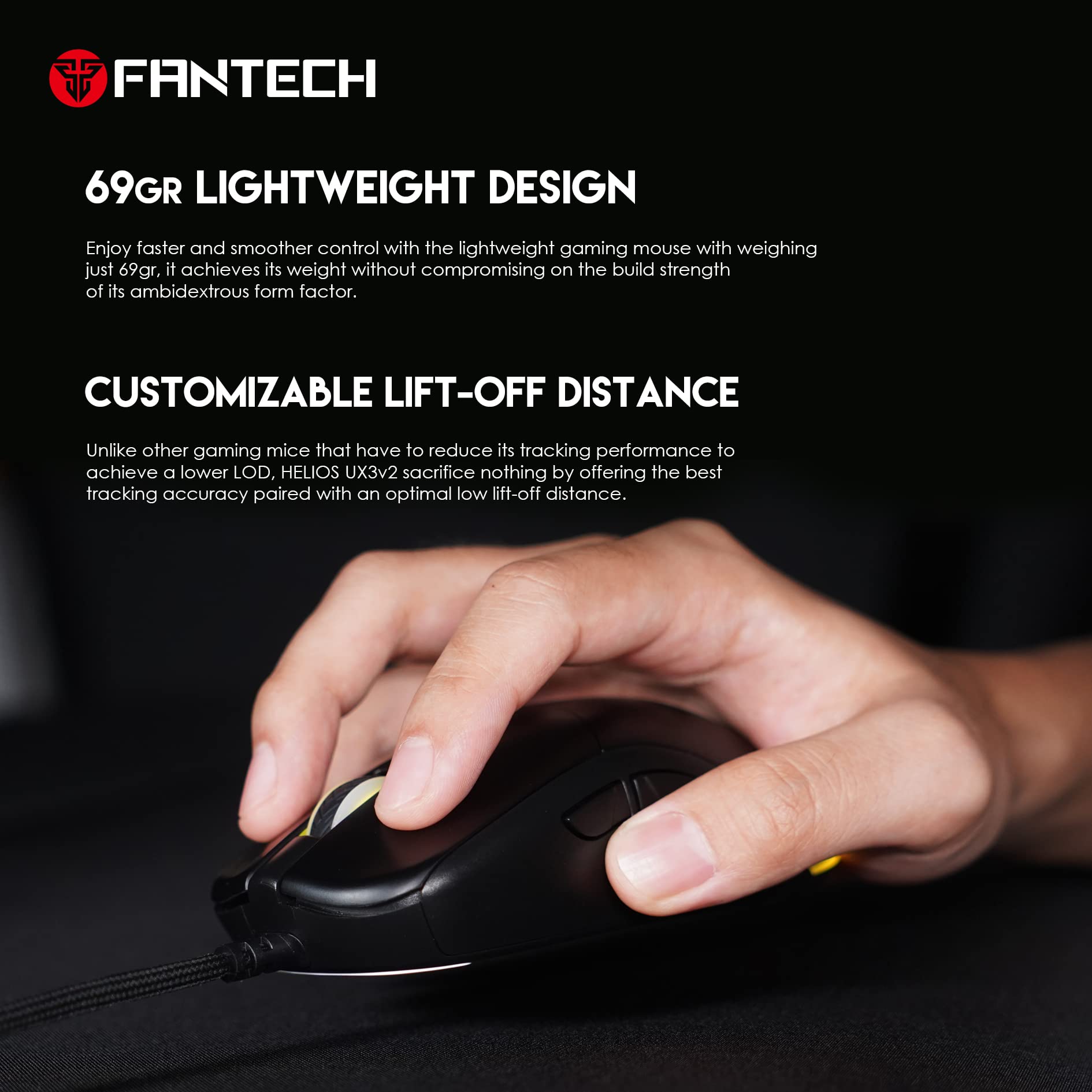 FANTECH Helios UX3V2 Symmetrical RGB Gaming Mouse, PixArt 3389 16,000 DPI Kailh Switches 6 Programmable Buttons Professional Grade Small Size Mouse, Light Weight Mouse, Matte Black
