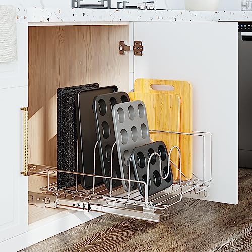 FANHAO Slide Out Cutting Board, Bakeware, and Tray Organizer, Wire Pull Out Kitchen Cabinet Organizer for Pots, Pans, and Lid Cookware, 13.5 inch wide x 17.7 inch deep β Chrome