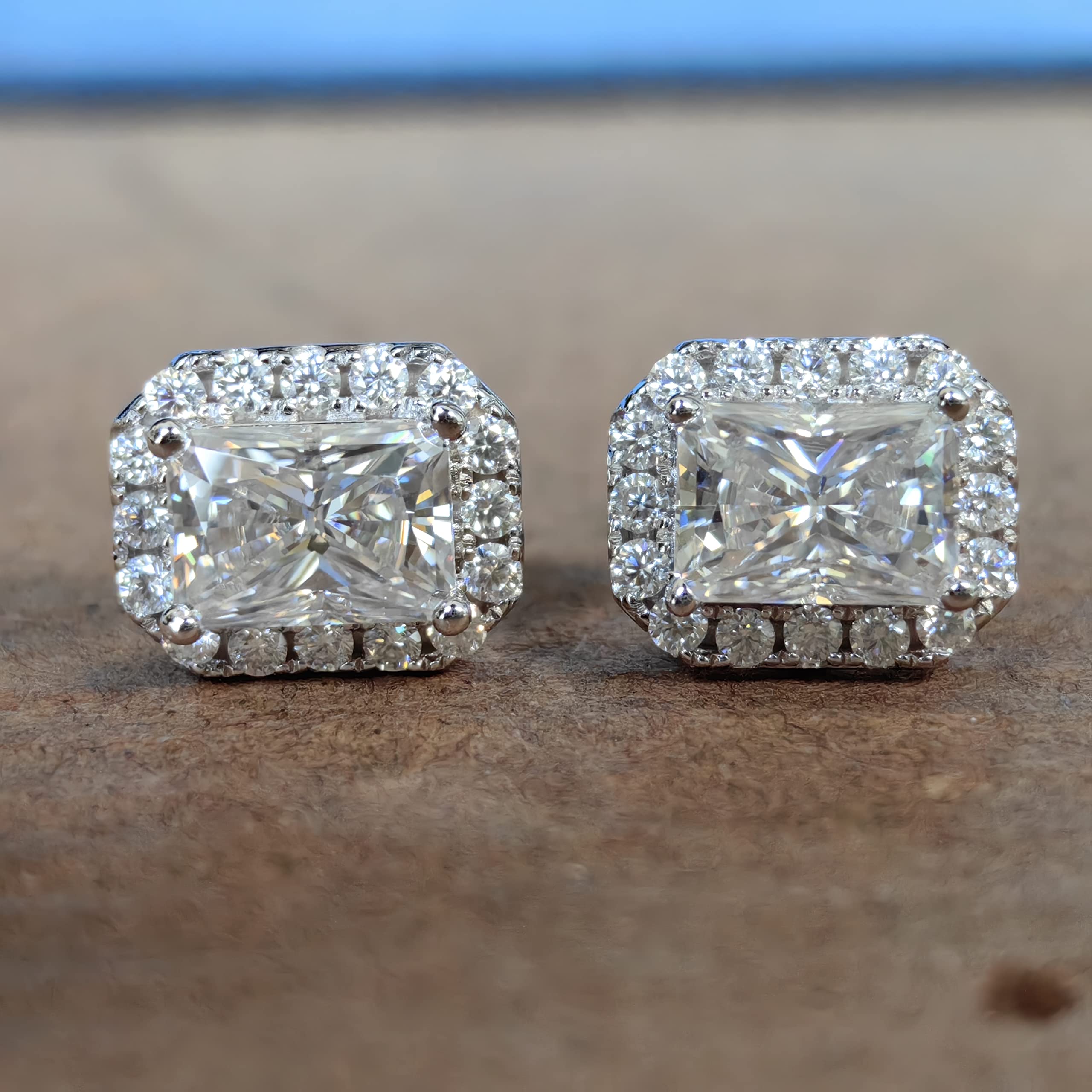 DovEggs Moissanite Stud Earrings for Women Solid 10K White Gold Post 2ct Center 5X7mm GHI Color Elongated Radiant Cut Moissanite Halo Stud Earring Accents Push Back Sterling Silver Earrings