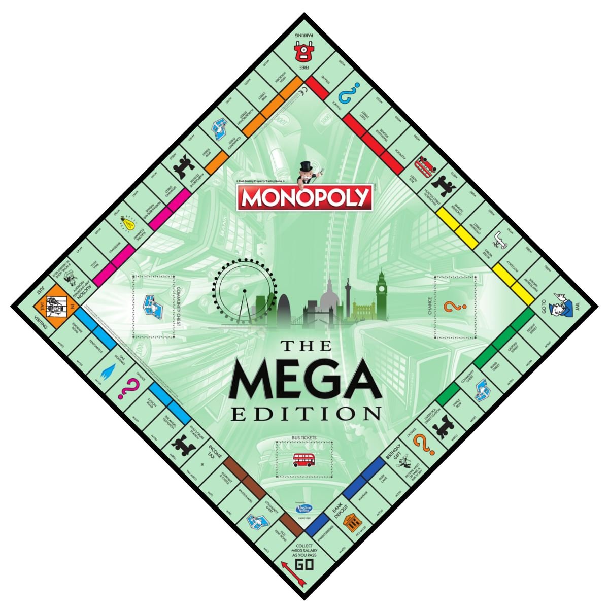 Winning Moves Mega Monopoly Board Game, 12 Extra Spaces Including Downing Street, Saville Row and Knightsbridge, Invest in Skyscrapers, for Ages 8 Plus