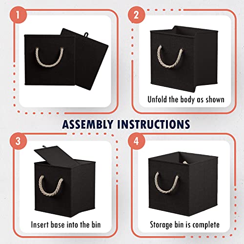 Ornavo Home Foldable Collapsible Storage Box Bins Linen Fabric Shelf Basket Cube Organizer with Rope Handles - Set of 6-13 x 13 x 13 - Black