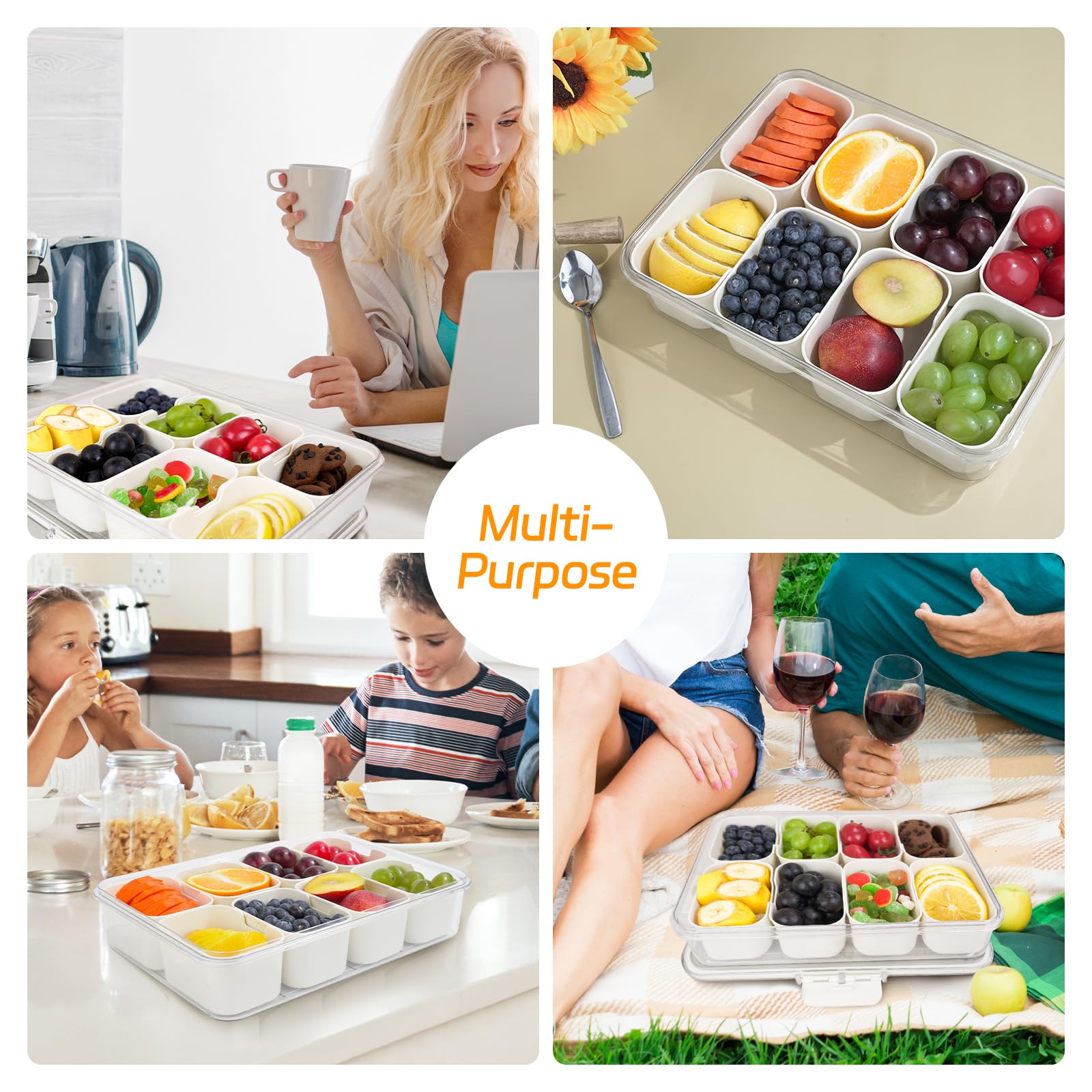 GTJ Snackle Box Divided Serving Tray with Lid Portable Snack Box Container Charcuterie Storage Organizer Snack Tray for Candy,Fruits,Nuts,Snacks(8 Compartments)