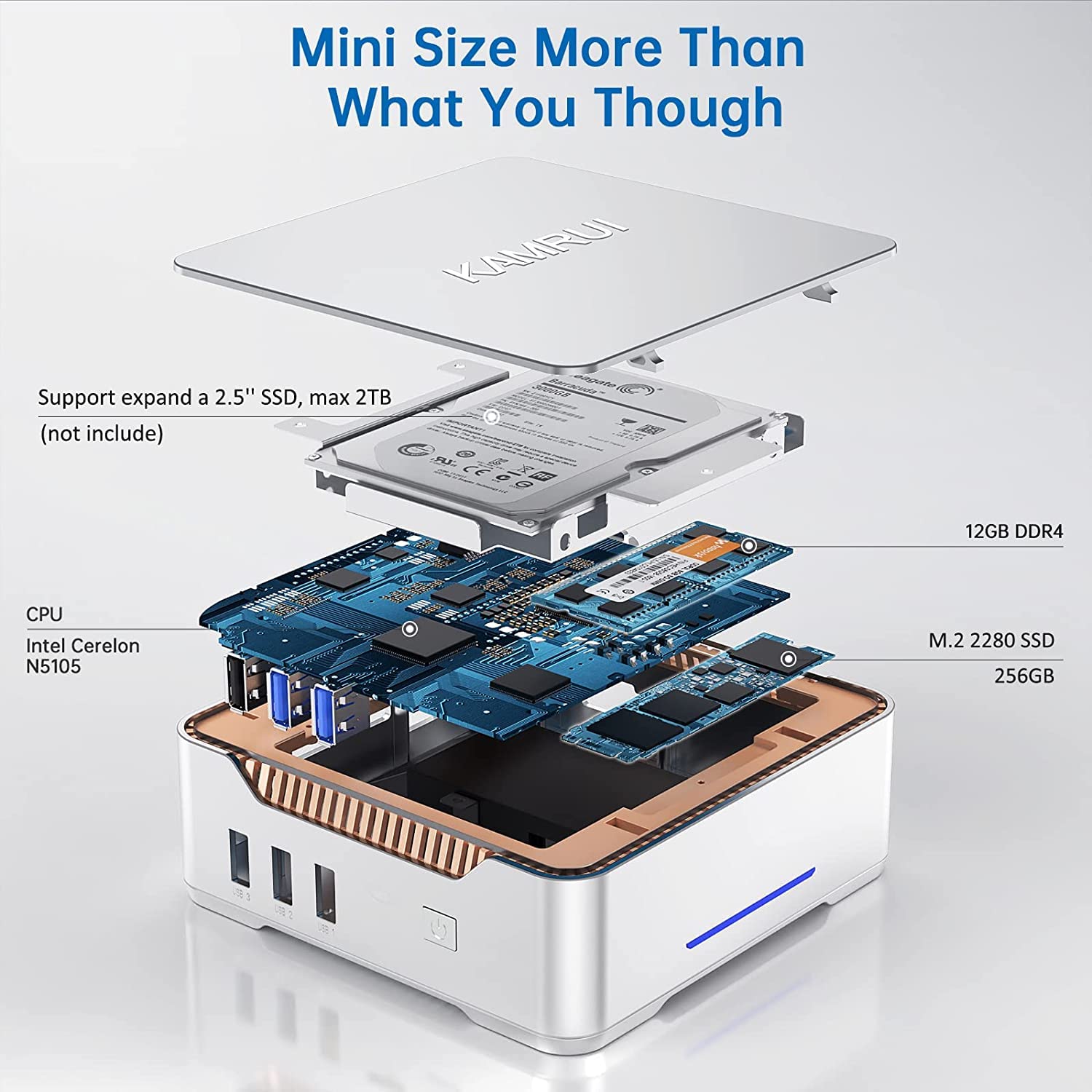 KAMRUI Mini PC,12GB RAM+256GB M.2 SSD Mini Computer,Intel Celeron N5105 Mini Desktop PC Windows 11 Pro up to 2.9GHz,2.5" SATA SSD,WiFi 2.4G/5G,Bluetooth4.2,Support 4K Triple Display