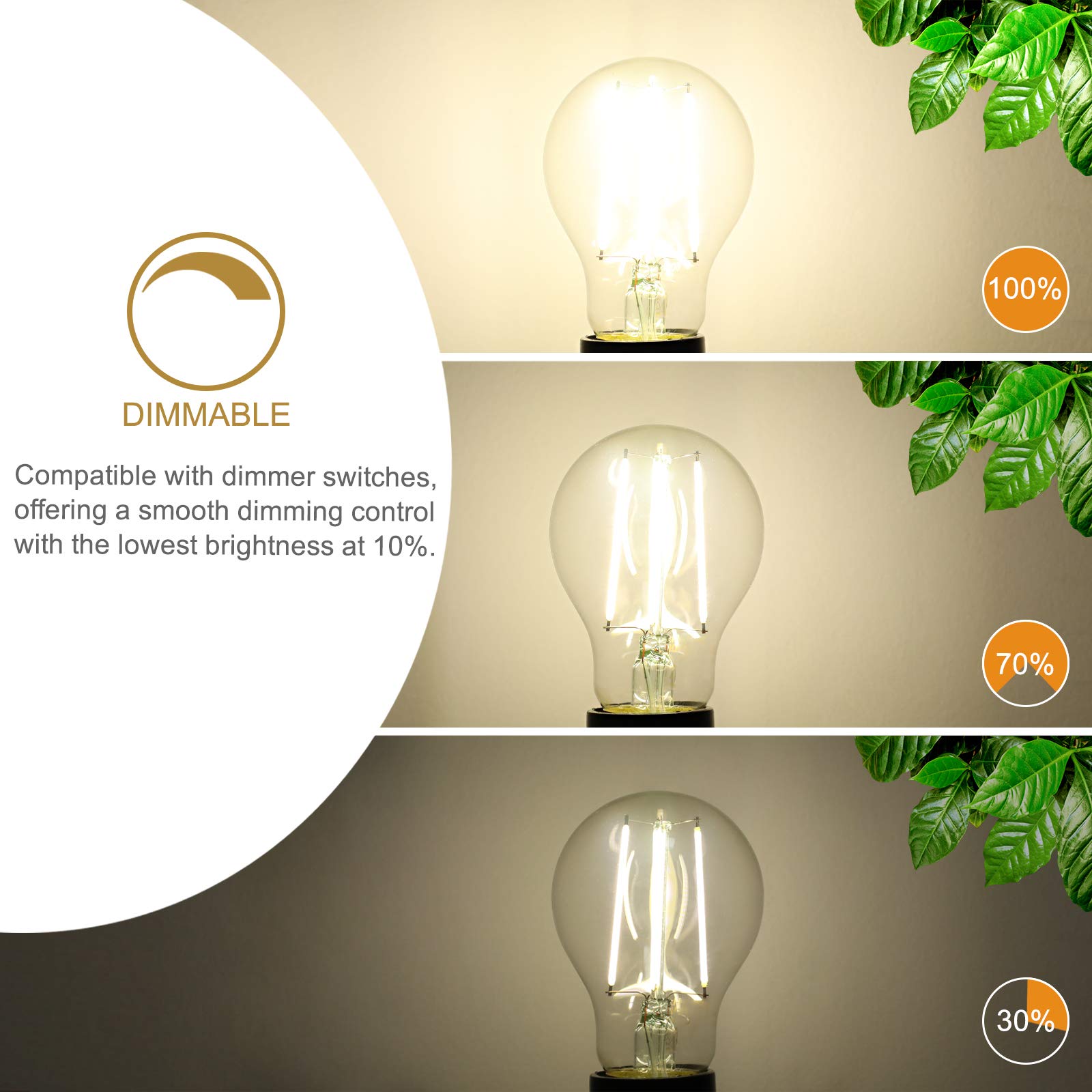 Defurhome Dimmable A19 Filament LED Light Bulb, 6W (60W Equivalent), Classic E26 Clear Glass LED Bulbs with 80+CRI, 750 Lumens, Daylight White 4000K, Standard Replacement (6-Pack)