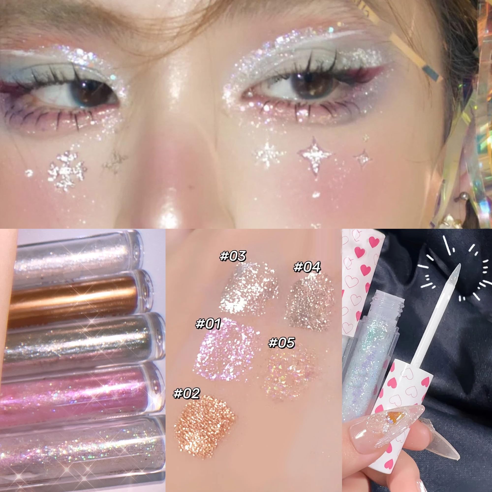 Geeneiya Glitter Eyeshadow Liquid Eyeshadow Korean Makeup Purple Pink Glitter Eyeliner, Pigmented, Quick Drying, Loose Glitter Glue for Crystals Eye Makeup