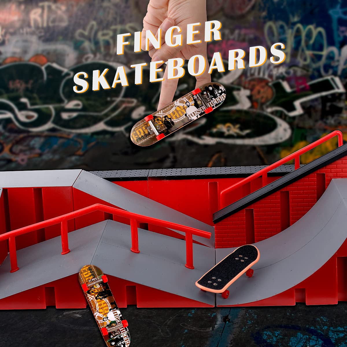 EPOGG Finger Skateboard Ramp Set Fingerboard Ramps Skate Park Kit for Training, Multiple Assembly Fingerboard Skatepark Ramps Kit with 4 Finger Skateboards & 1 Display Holder (B)