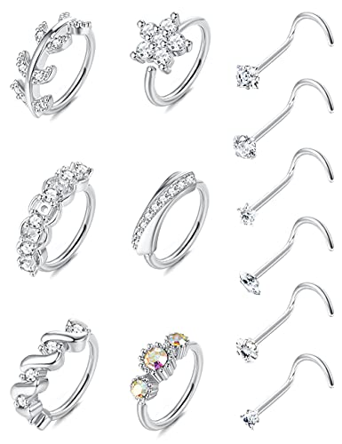 Drperfect 20G Surgical Steel Nose Ring Hoop for Women Men Paved CZ Leaf Flower Nose Piercing Jewelry L Shaped Screw Bone CZ Nose Ring Stud Set