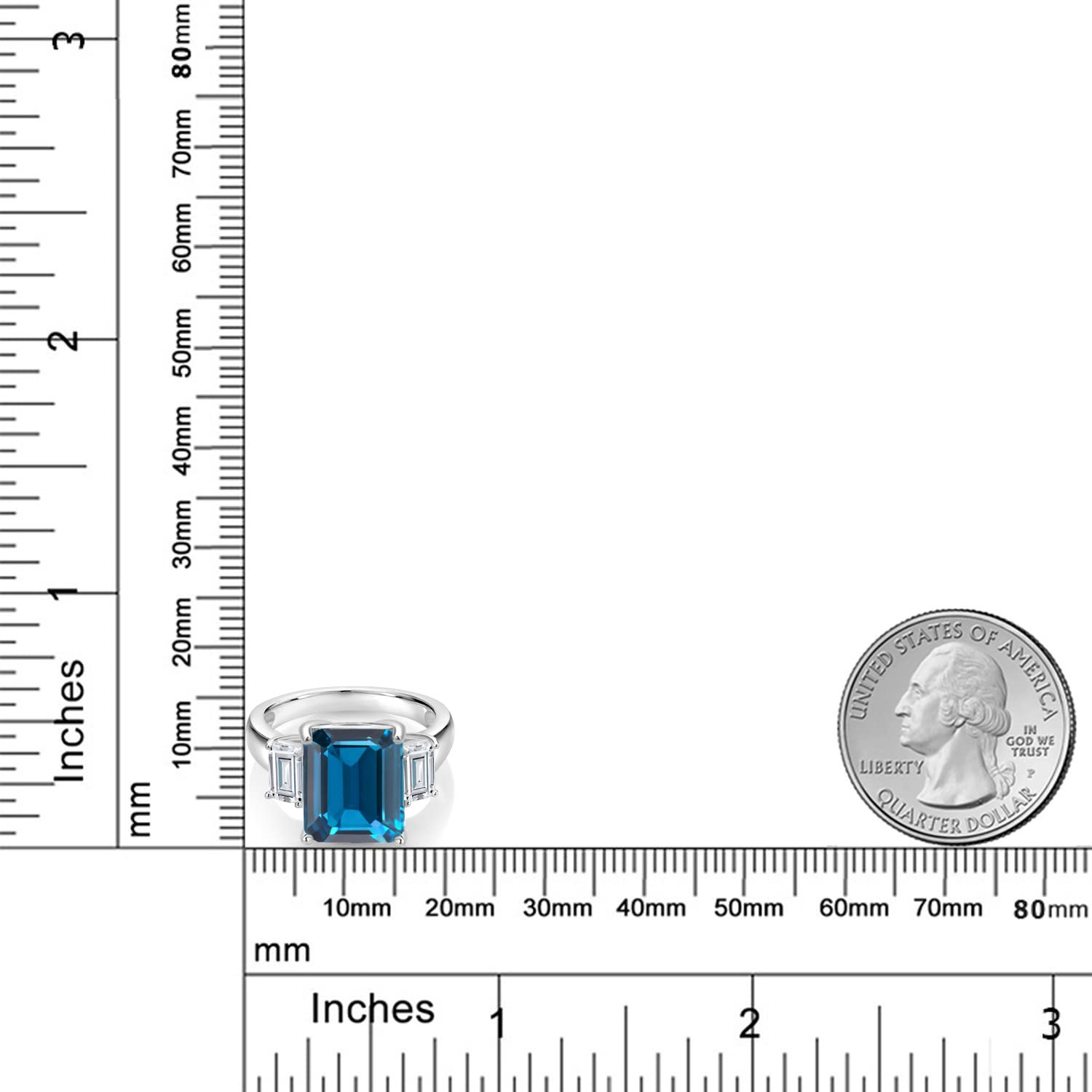 Gem Stone King 925 Sterling Silver Emerald Cut London Blue Topaz and White Moissanite 3 Stone Ring For Women (8.64 Cttw, Gemstone Birthstone, Available In Size 5, 6, 7, 8, 9)