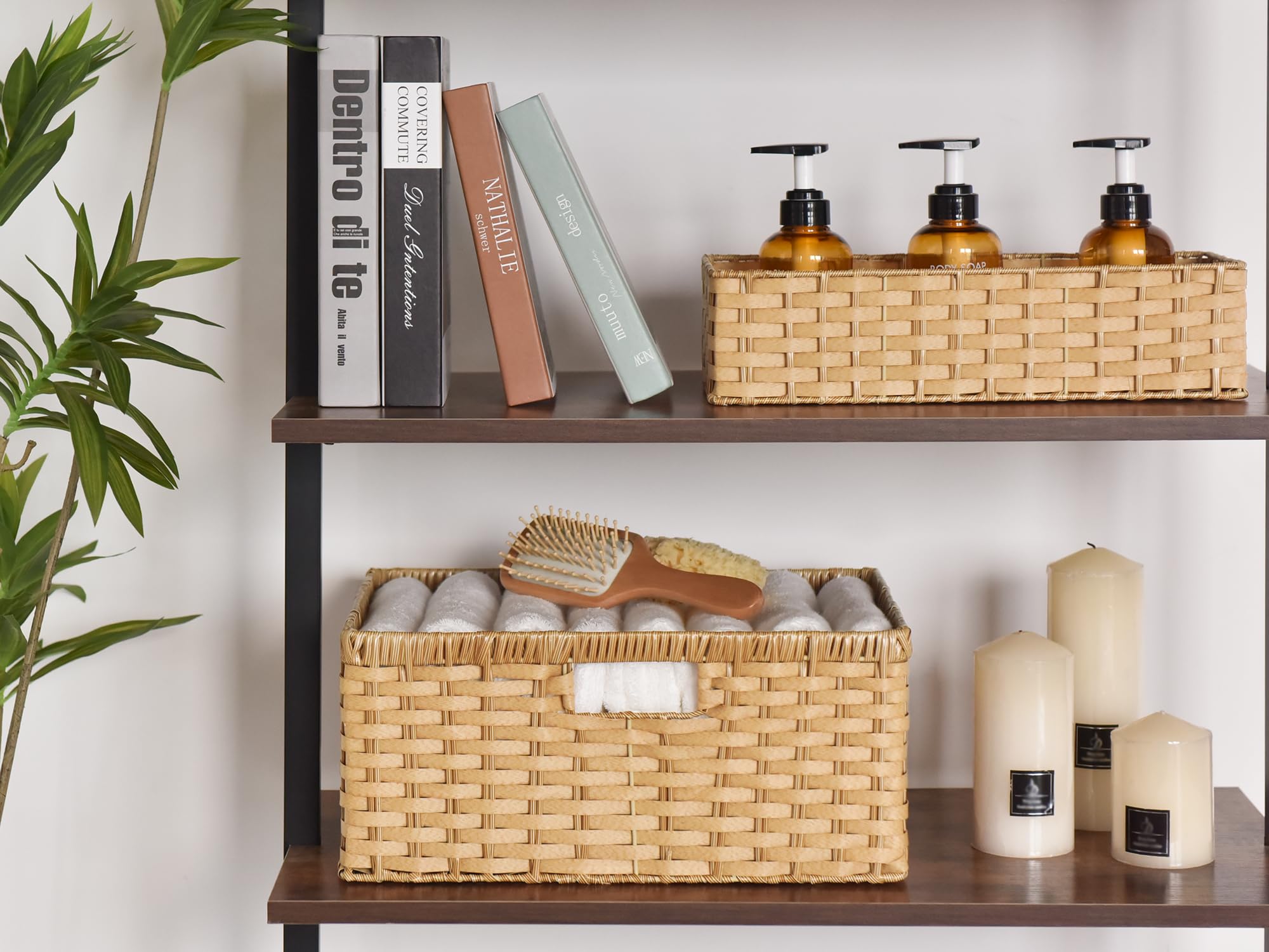 Labcosi Large Wicker Basket, Plastic Wicker Storage Basket, Wicker Storage Basket for Bathroom, Plastic Storage Bin with Built-in Handles, Natural Tan, 15 "L x 11 "W x 6.75 "H, 1 Pack