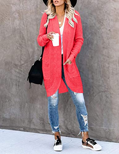 ZESICA Women's 2023 Fall Long Sleeve Open Front Cardigans Casual Lightweight Soft Chunky Knit Draped Sweaters Outerwears,Watermelon,Medium