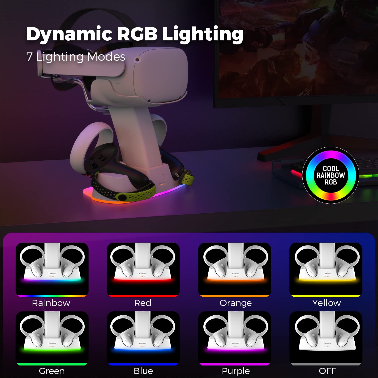 Gamulus RGB Charging Dock for Meta Quest 2, Support Elite Strap with Battery and Controller with Grips, Headset & Controllers Magnetic Charging Station Stand w/ 2200mah Batteries, 7 Lighting Modes