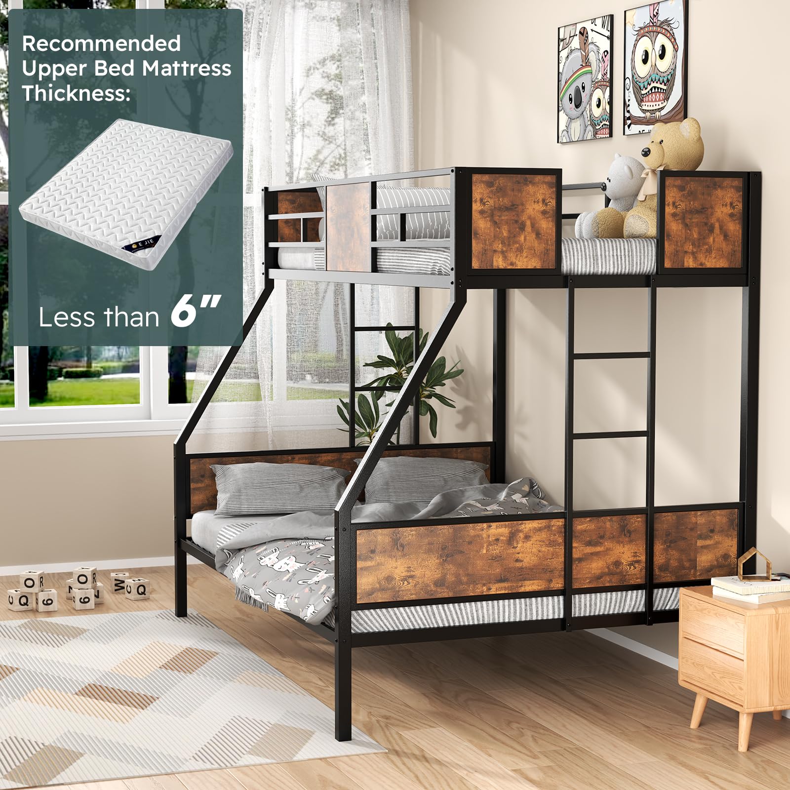 Kiivakii Metal Bunk Bed Twin Over Full with Side Ladders, Twin Over Full Bunk Bed with Sturdy Frame Supports, No Noise, Black and Brown
