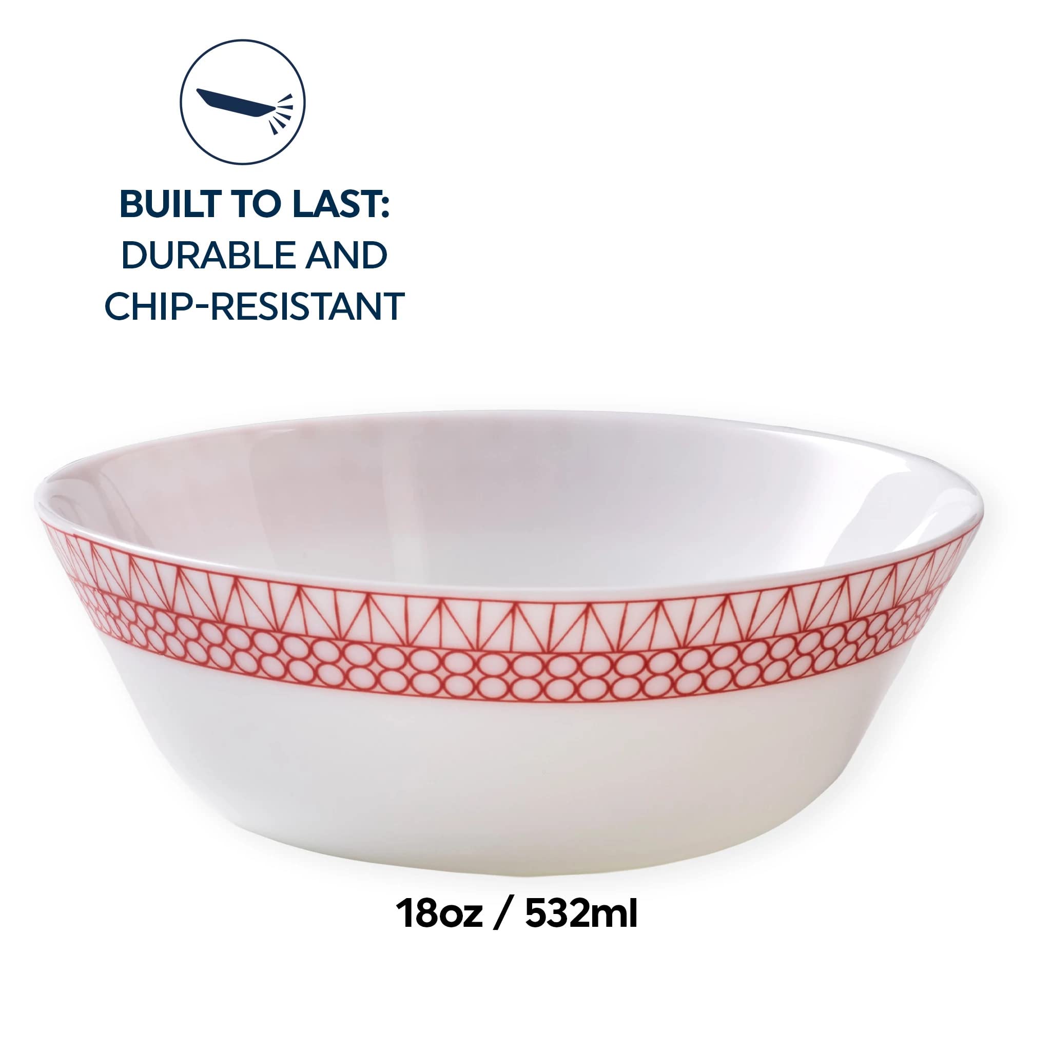 Corelle Everyday Expressions 4-Pc Soup/Cereal Bowls Set, Service for 4, Durable and Eco-Friendly 18-Oz Bowls, Higher Rim Glass Bowl Set, Microwave and Dishwasher Safe, Graphic Stitch