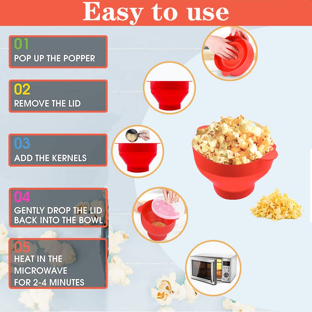Fglmctsh The Original Microwave Popcorn Popper, Silicone Popcorn Maker Collapsible Bowl BPA -Free, Hot Air Popcorn Maker, No Oil Required,Red an Blue
