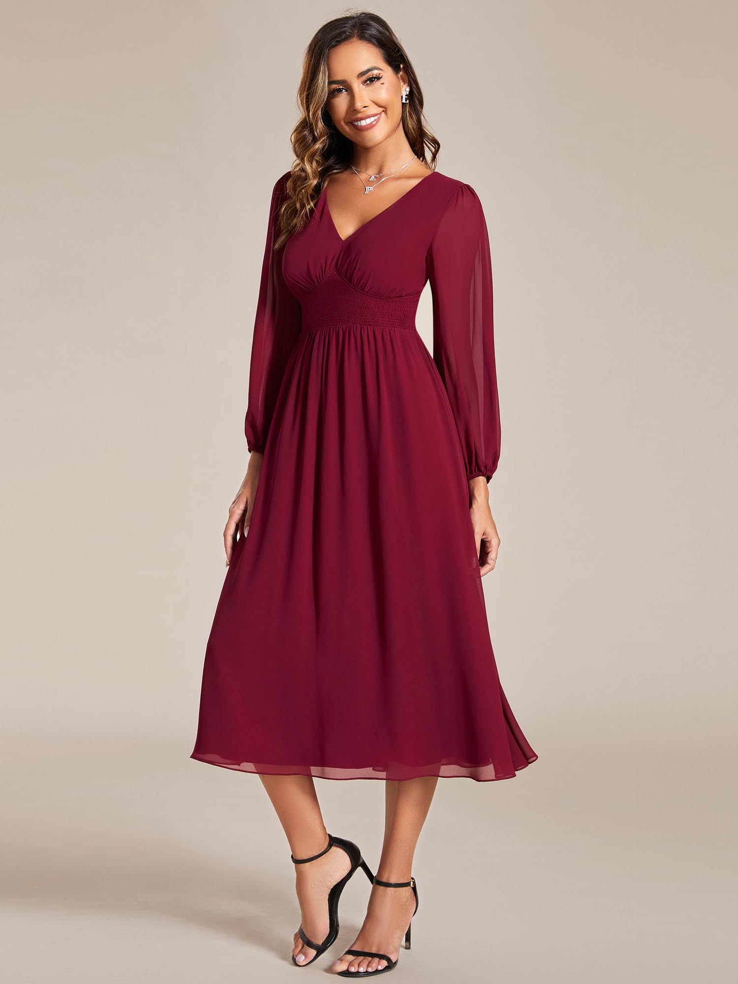 Ever-Pretty Women's Chiffon Long Sleeve Elastic Waist A-Line Knee Length Wedding Guest Dresses Burgundy US16