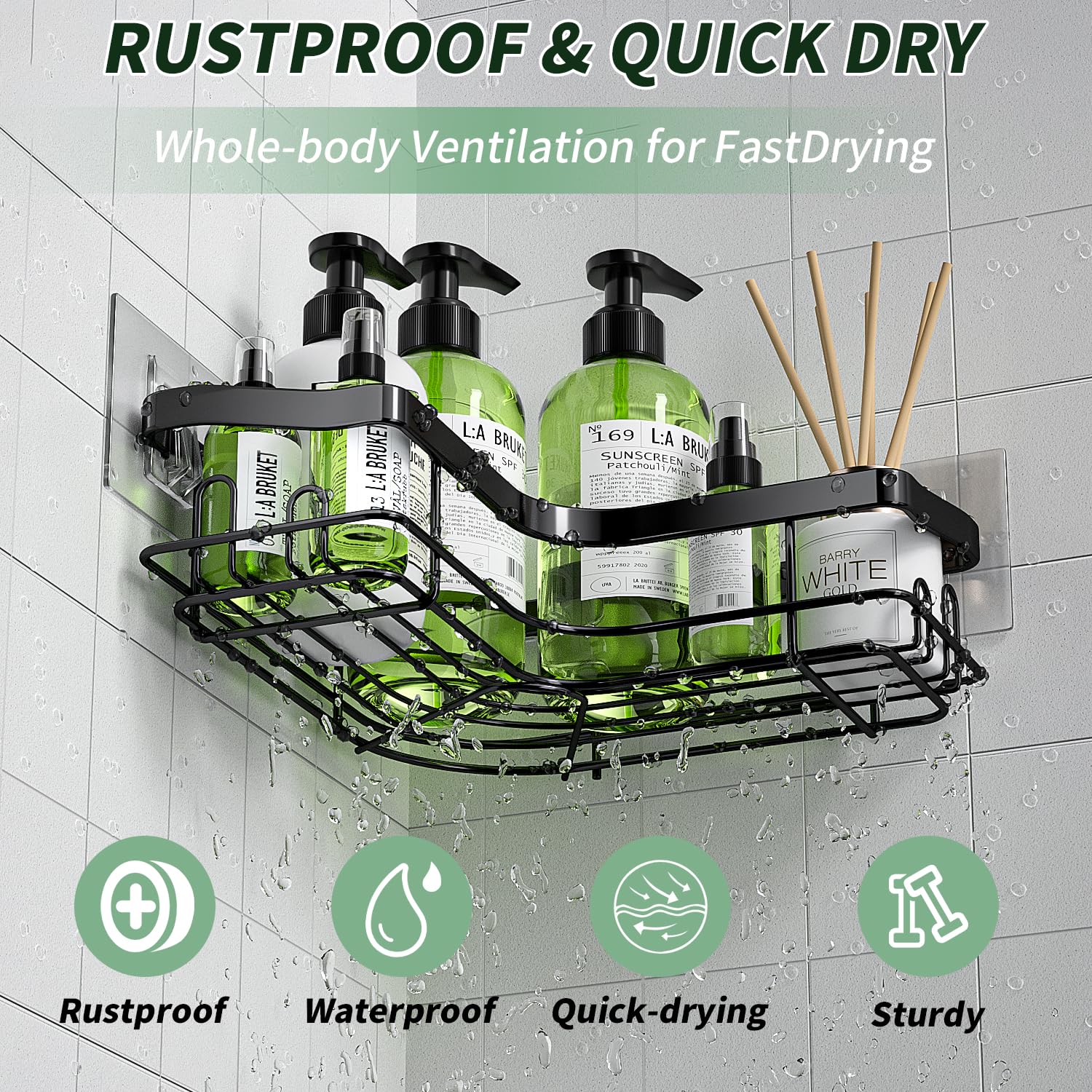 KiKiRico Corner Shower Caddy, 2 Pack No Drilling Shower Organizer with 8 Hooks, Adhesive Rustproof and Waterproof Stainless Shower Shelves for Bathroom, Black Storage Racks