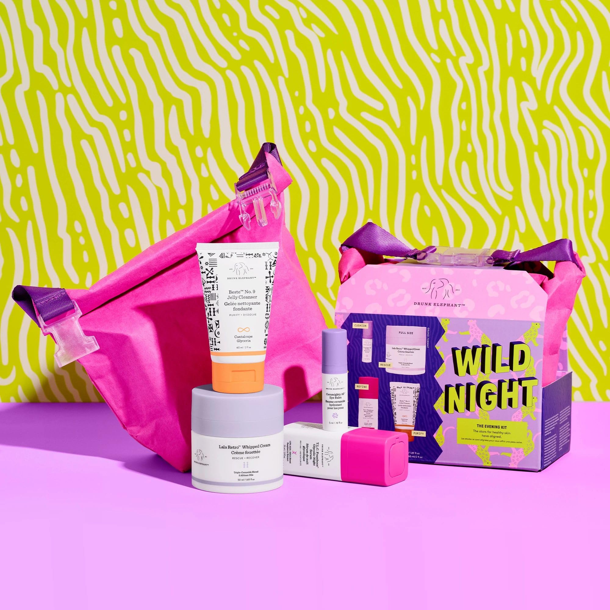 Drunk Elephant Wild Night: The Evening Kit: includes Lala Retro Whipped Cream, T.L.C. Framboos Glycolic Night Serum, Ceramighty AF Eye Balm, and Beste No. 9 Jelly Cleanser
