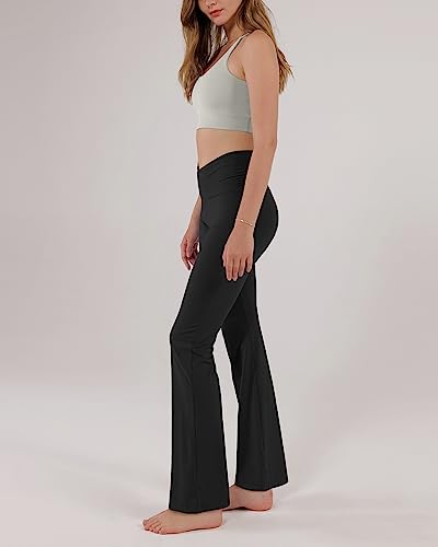 ODODOS Women's Cross Waist Flare Yoga Pants with Inner Pocket, High Rise Bootcut Tummy Control Bootleg Gym Workout Pants -Inseam 31", Black, Small
