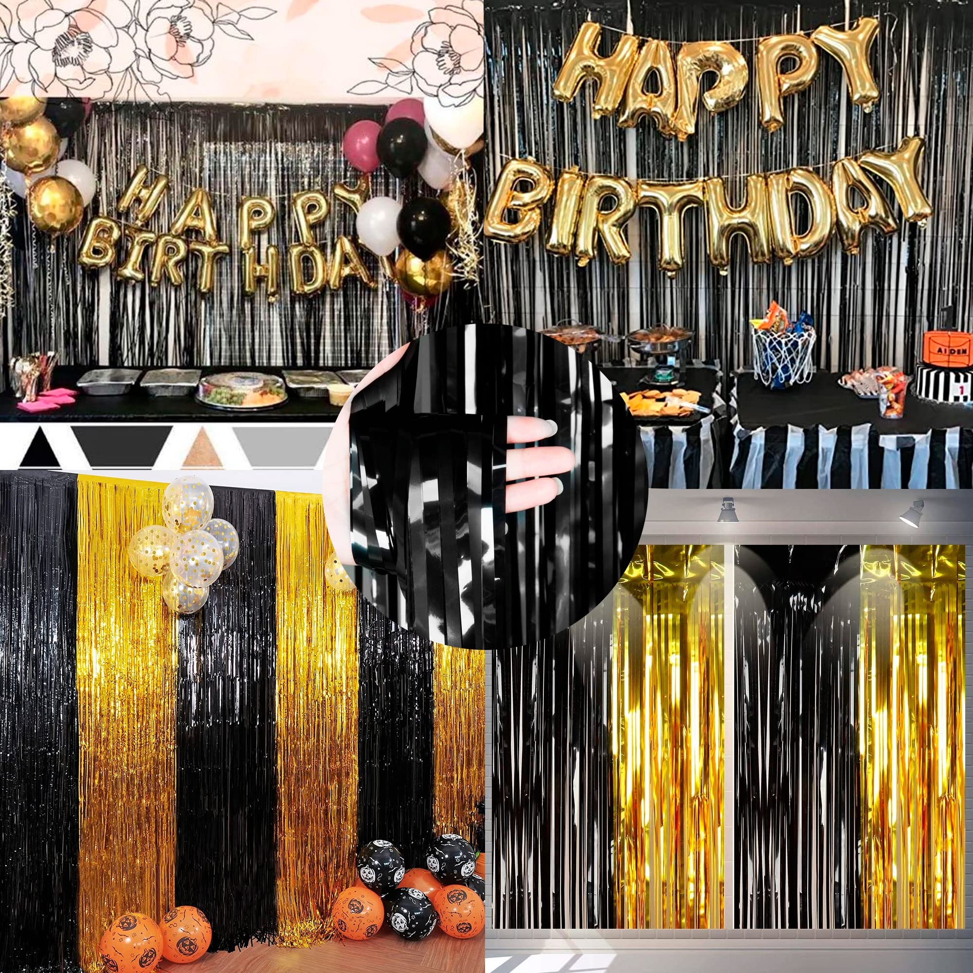 Dazzle Bright 2 Pack Black Backdrop Curtain, 3FT x 8FT Metallic Tinsel Foil Fringe Curtains Photo Booth Background for Baby Shower Party Birthday Wedding Engagement Bridal Shower Decorations