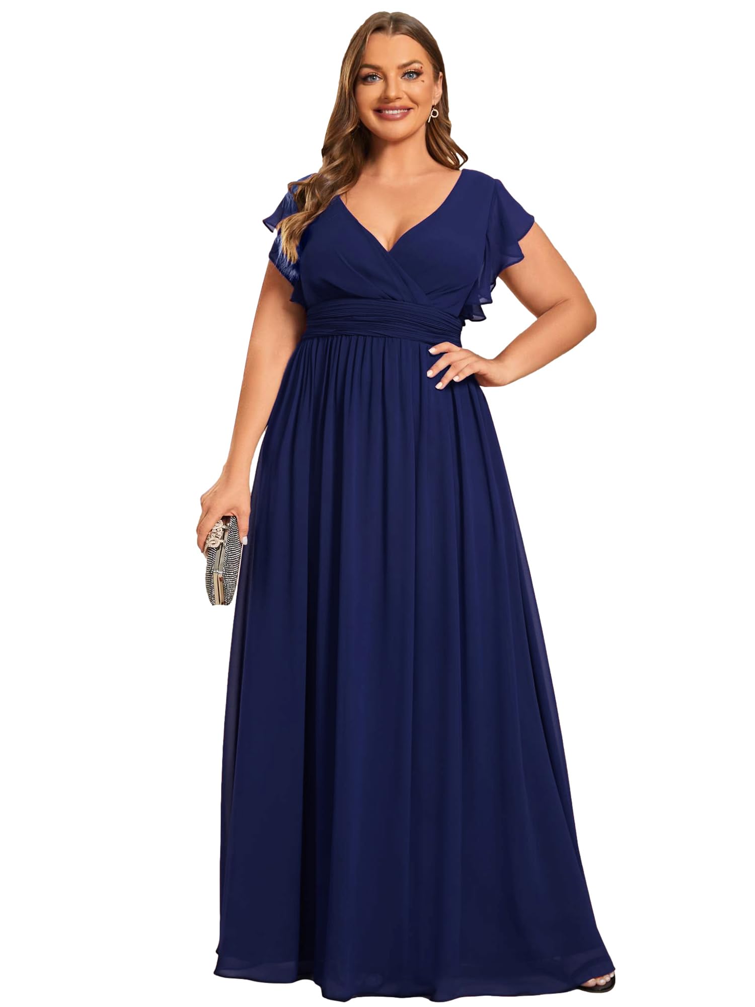 Ever-Pretty Women's Ruched V Neck A-Line Ruffles Sleeves Summer Maxi Plus Size Cocktail Dress Navy Blue US16