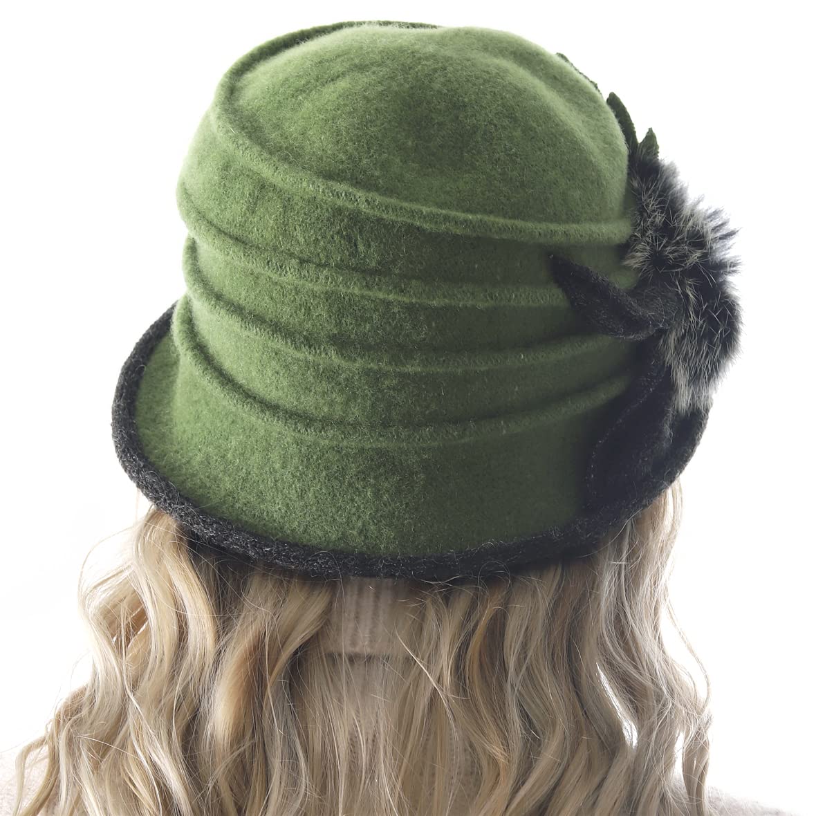 Women's Wool Dress Church Cloche Hat Bucket Winter Floral Hat (Green)