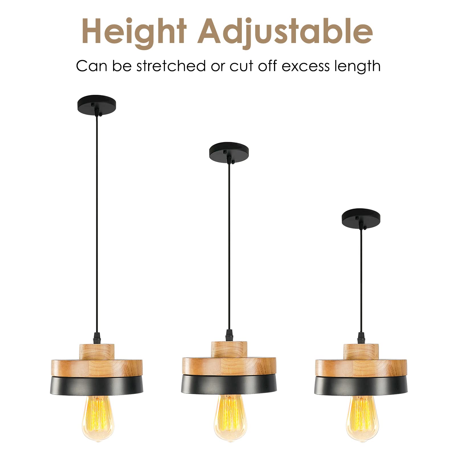 Farmhouse Wood Pendant Light Hanging Light Fixture with Wooden Rustic Ceiling Light Height Adjustable for Ceiling Pendant Lighting for Kitchen Island, Bedroom, Dining Room