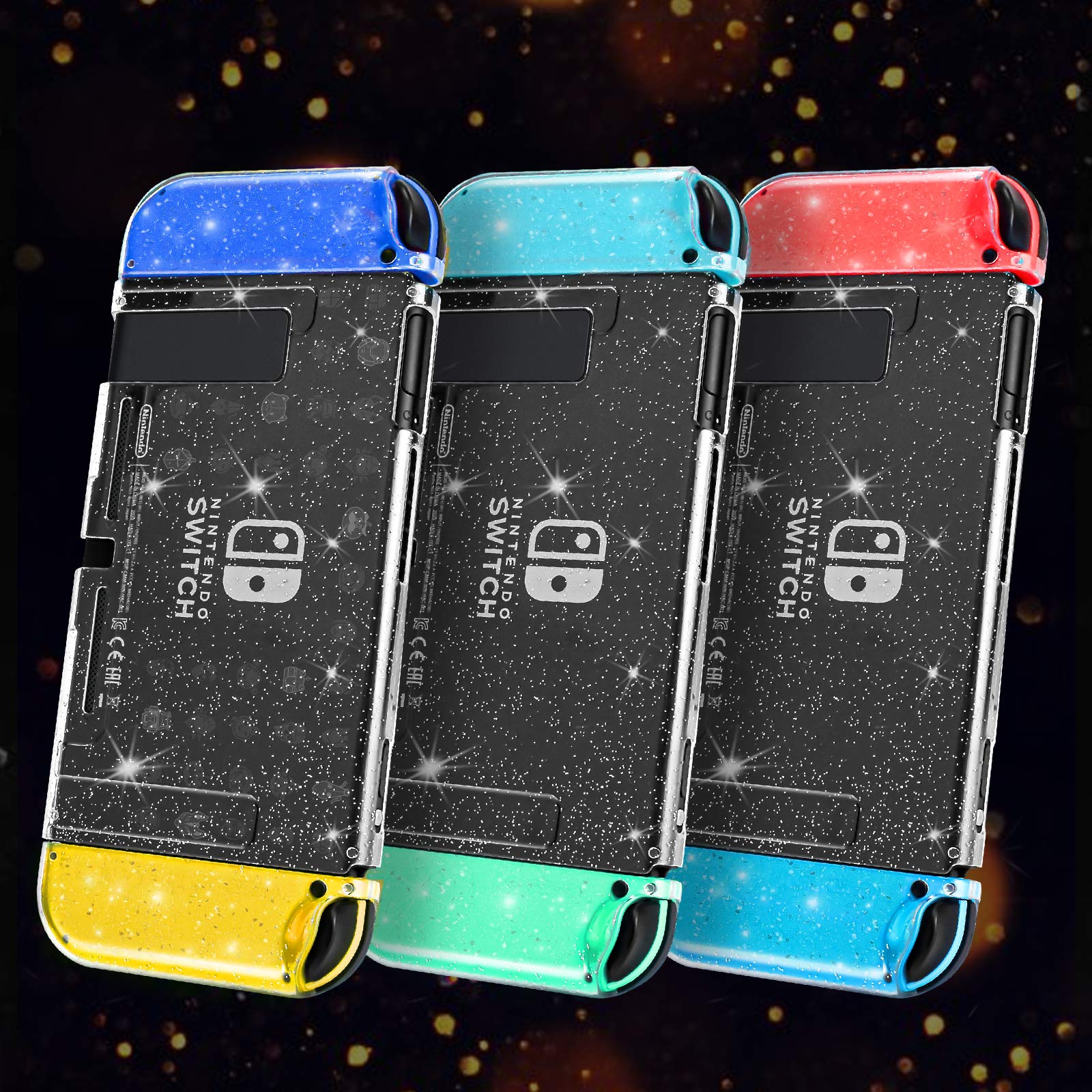 DLseego Crystal Glitter Case Set Design for Switch, Soft TPU Anti-Scratch Clear Protective Cover Shell with 2 Pack Tempered Glass Screen Protectors and 10pcs Colourful Cute Thumb Grip Caps