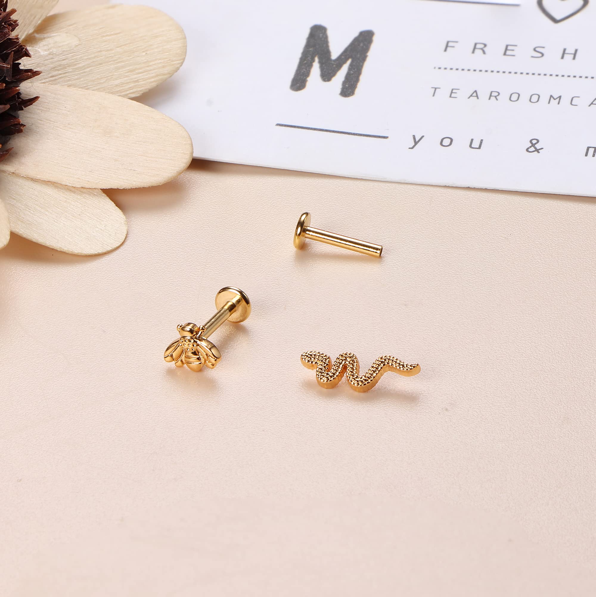 Drperfect Cartilage Earring Stud 16G Stainless Steel Internally Threaded CZ Flower Heart Bee Butterfly Snake Helix Tragus Conch Labret Monroe Medusa Lip Piercing Jewelry
