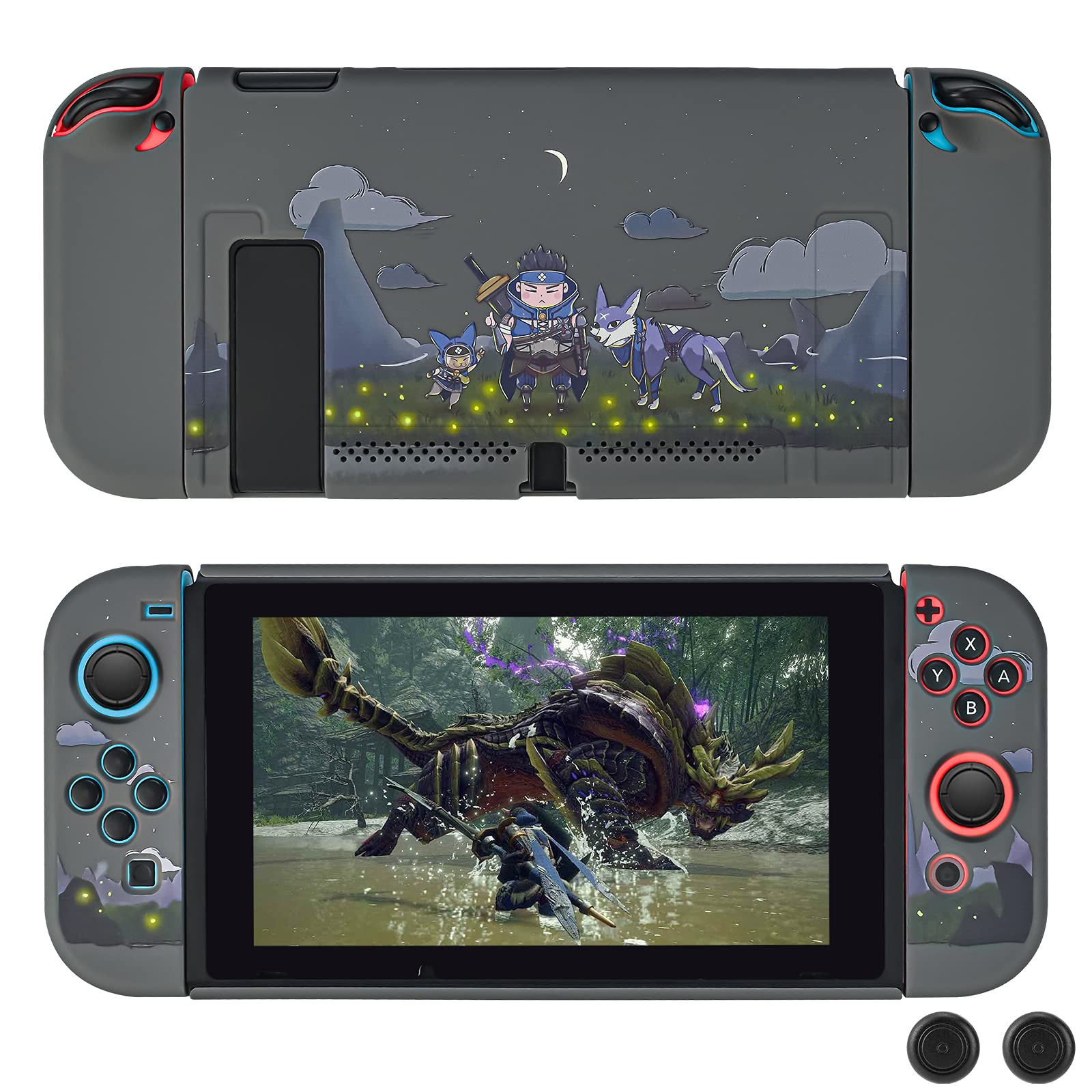 DLseego Dockable Protective Case Compatible with Switch, Soldier Wolf Pattern Cover Case with Anti-Scratch and Shock-Absorption Design with 2 pcs Thumb Grips - Monster Hunter