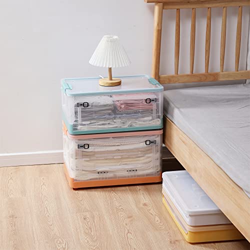 OEMVALATY 2 Packs Storage Bins with Lids,28 Qt. Clear Stackable Lidded Storage Bins,Collapsible Storage Cube Bins with Wheels, Plastic Storage Box Containers with Double Doors for Home, Office, Bedroom, Living Room
