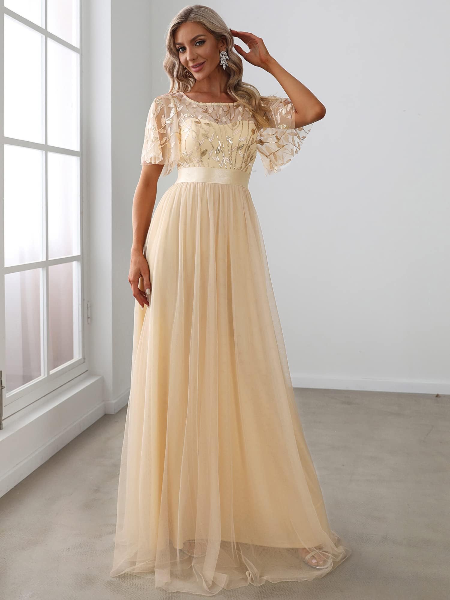 Ever-Pretty Women's Custom Sequin Embroidery Curvy Round Neck High Waist Ruffles Sleeves Long Formal Dresses Gold 9XL