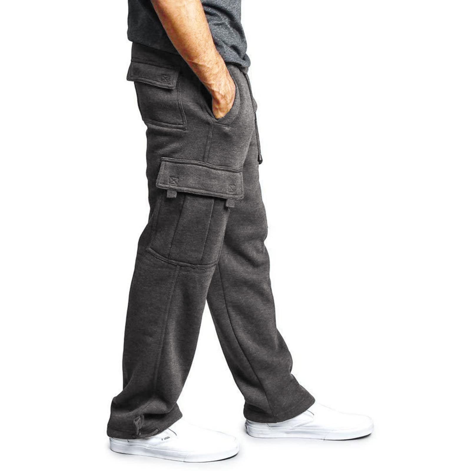 GANSANRO Men's Fleece Cargo Sweatpants Drawstring Loose Fit Sweatpants for Men with Pockets Dark Grey