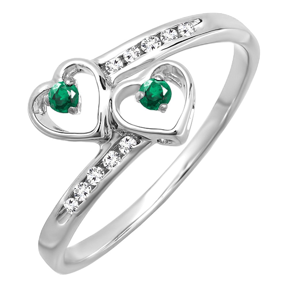 Dazzlingrock Collection Round Green Emerald & Diamond Ladies Double Heart Promise Ring in 925 Sterling Silver, Size 7