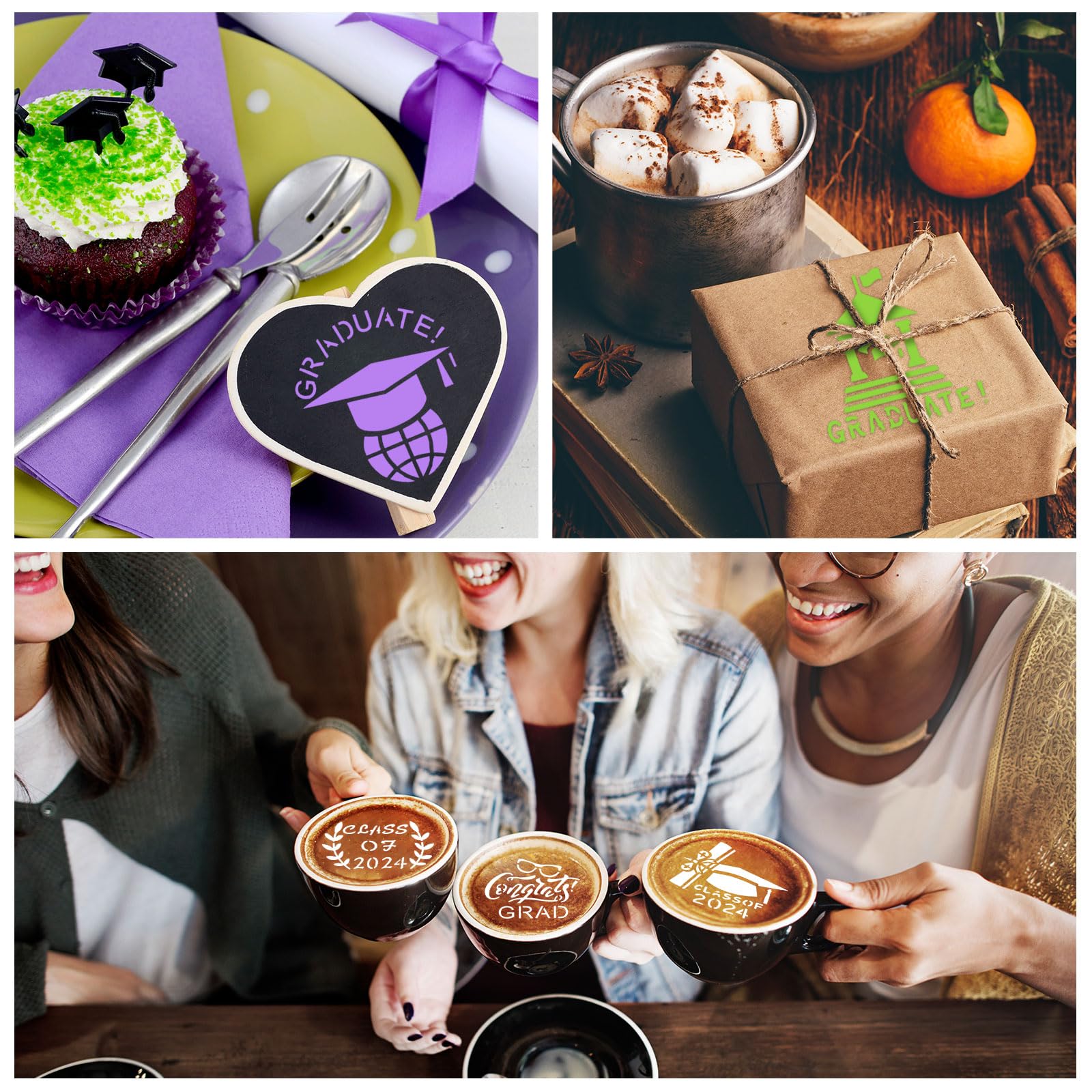 Geiserailie 30 Pcs 2024 Graduation Cookie Stencils Graduation Cake Templates 2024 Graduation Coffee Stencils Reusable Graduation Cake Cookies Stencils for Celebrate Graduation DIY Art Notebook Wood