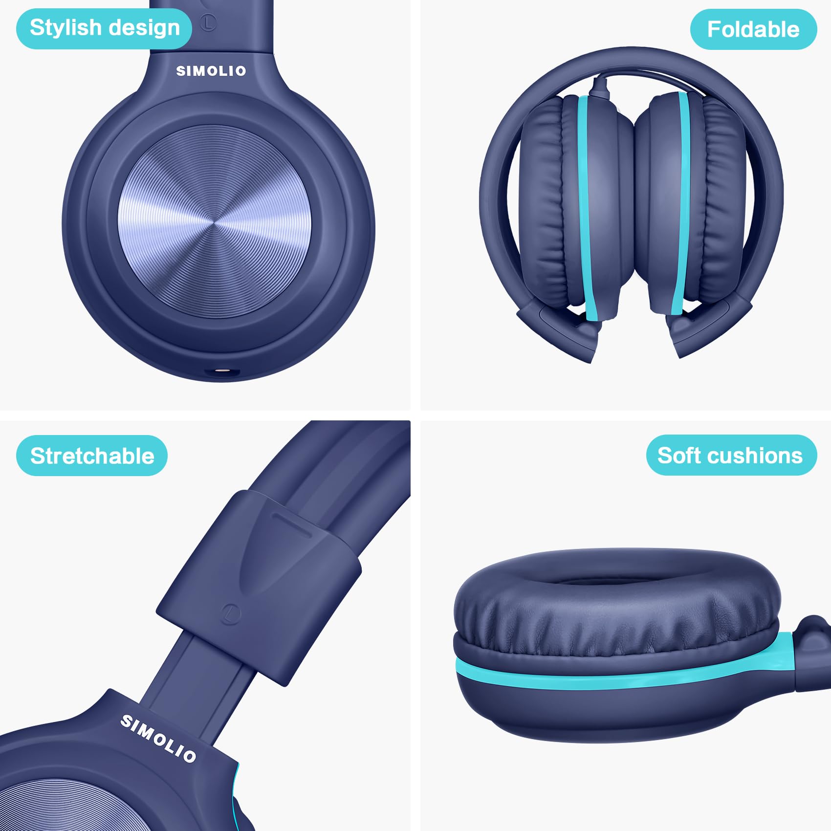 SIMOLIO Wired Kids Headphones for School with Microphone, Volume Limiting & Noise Cancelling PC Headset with Cord, Plug in Headphones for Tablet, Headphones with Cord for Laptop (Navy Blue)