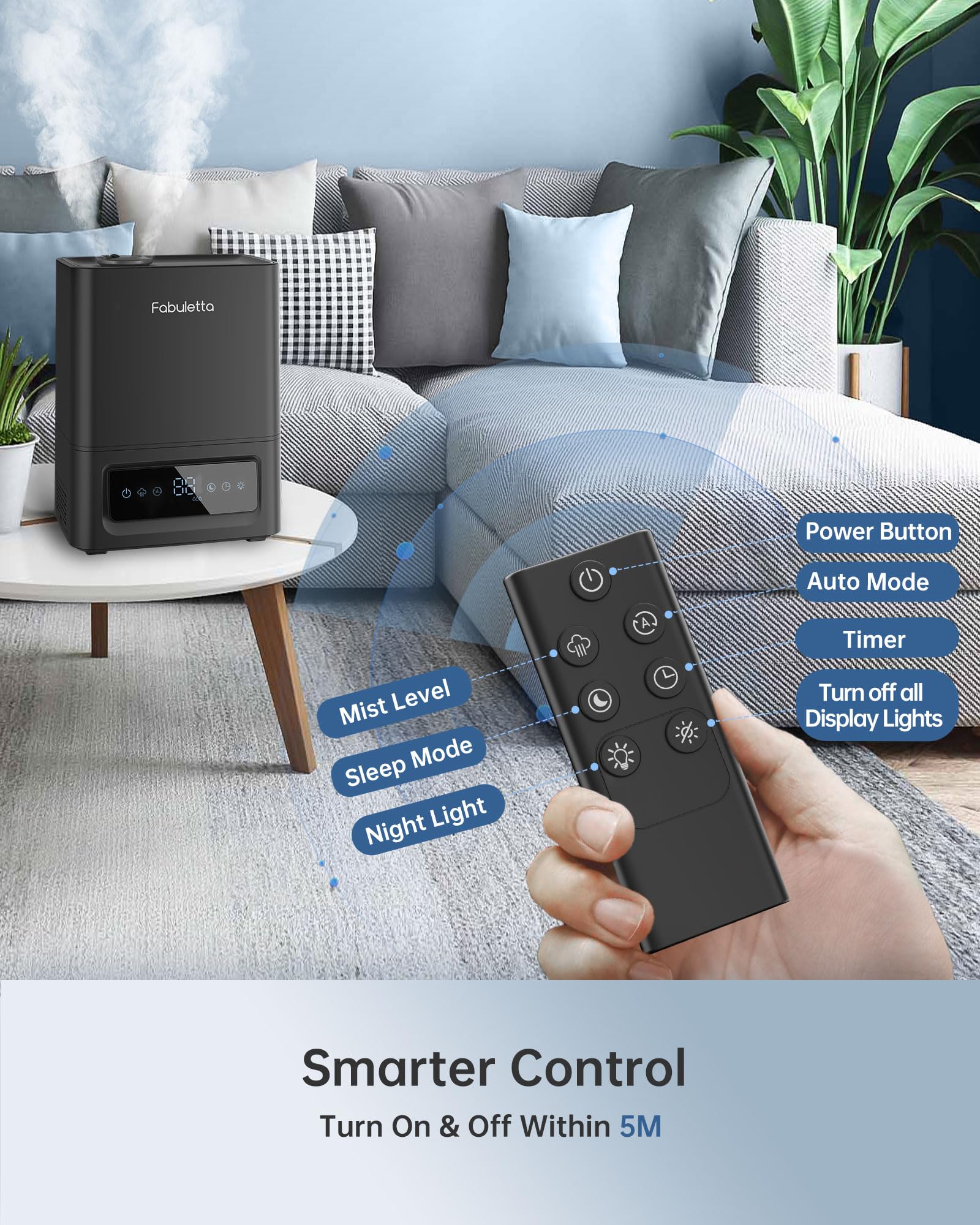 FABULETTA Top Fill Humidifiers for Bedroom, 5L Cool Mist Air Humidifiers with Remote Control, 3 Mist Levels, Essential Oil Diffuser, 2.4Mhz Ultrasonic, Auto Mode, Quiet Sleep & Night Light(Black)