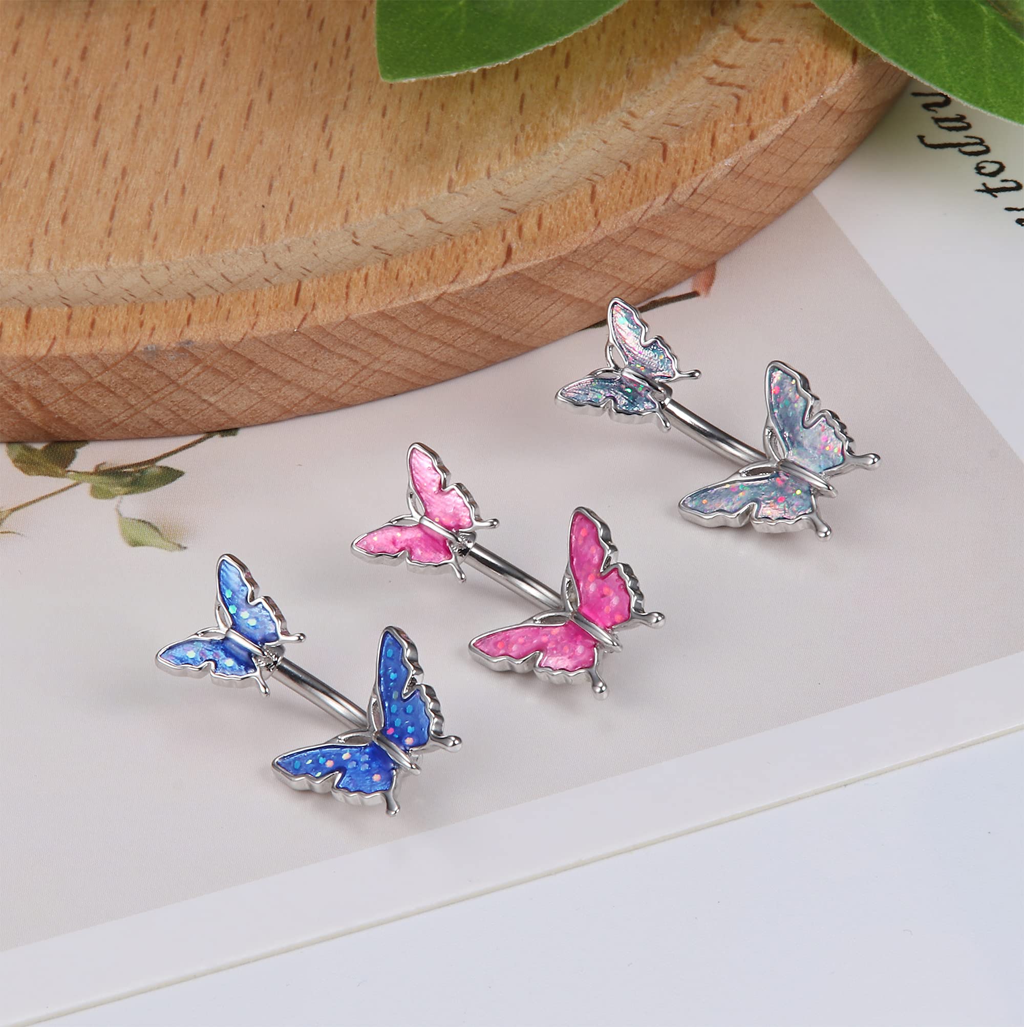 FASACCO 3Pcs Belly Button Ring 14G Surgical Steel Belly Rings for Women CZ Snake Butterfly Belly Button Rings (white tone)