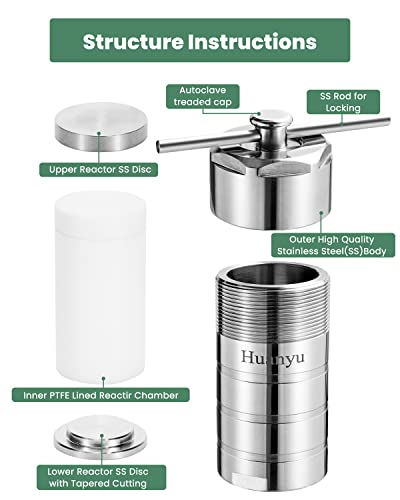 Huanyu 50ml PTFE Lined Hydrothermal Synthesis Autoclave Reactor 200℃ 3Mpa with PTFE Chamber High Pressure Digestion Tank Stainless Steel vessel Kettle for lab corrosion resistance