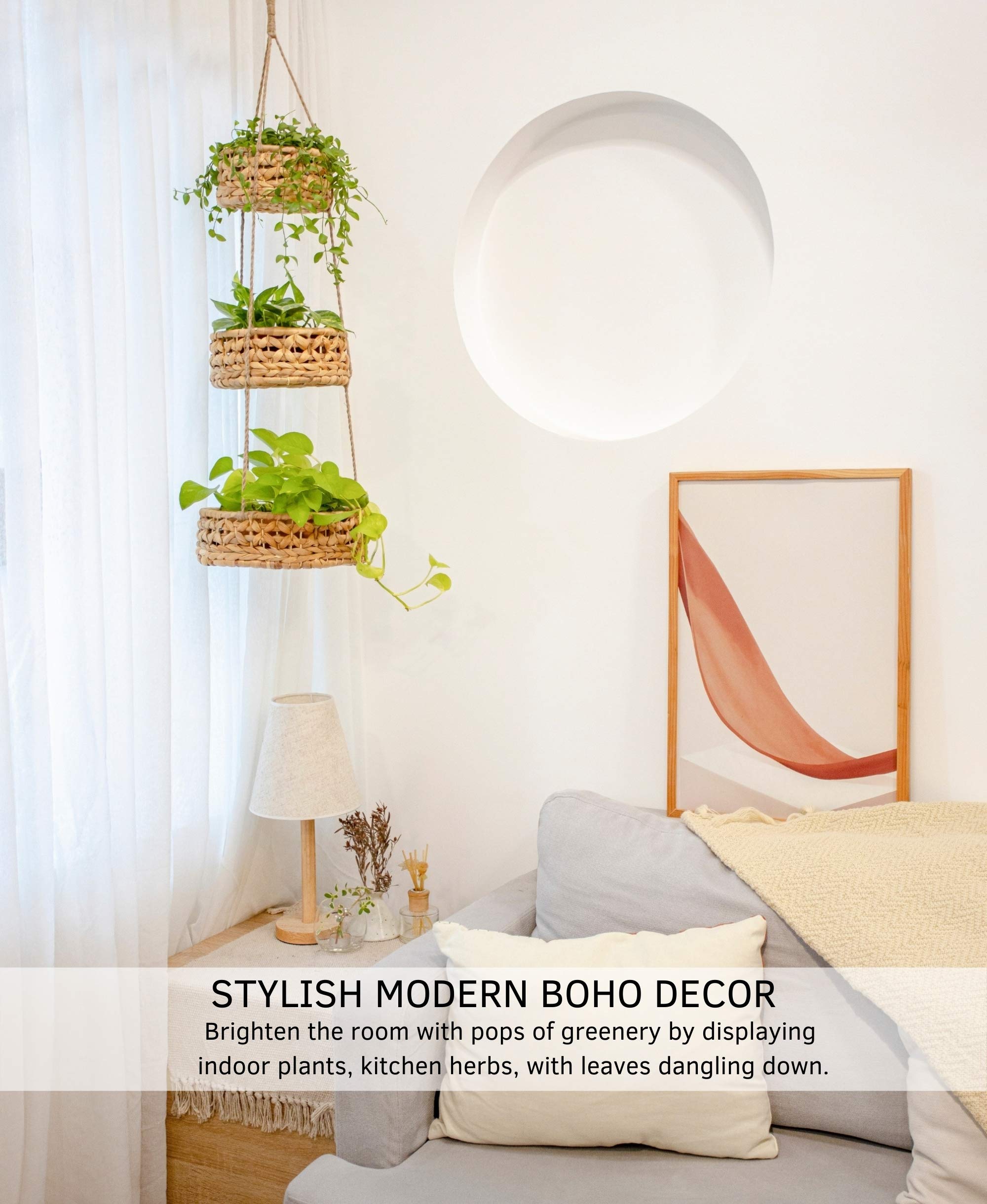 Hanging Fruit Basket 3 Tier for Kitchen, Handmade Natural Rattan Handwoven Wicker Seagrass Woven Wall Baskets Vegetable Organizer Produce Fruit Holder Counter Space Saver Storage Boho Hanging Planter