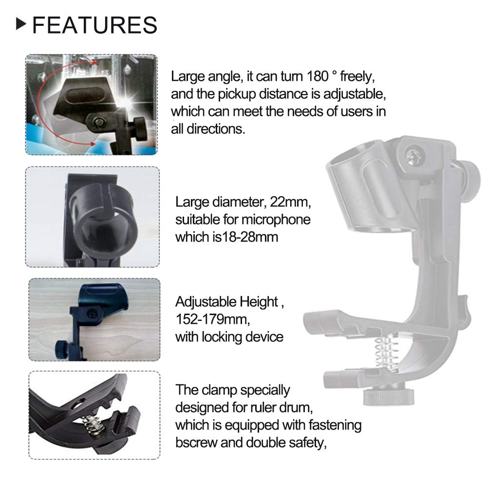 Drum Mircophone Clips Adjustable Mic Mount Snare Rim Clamp Holder, Black 2 Packs