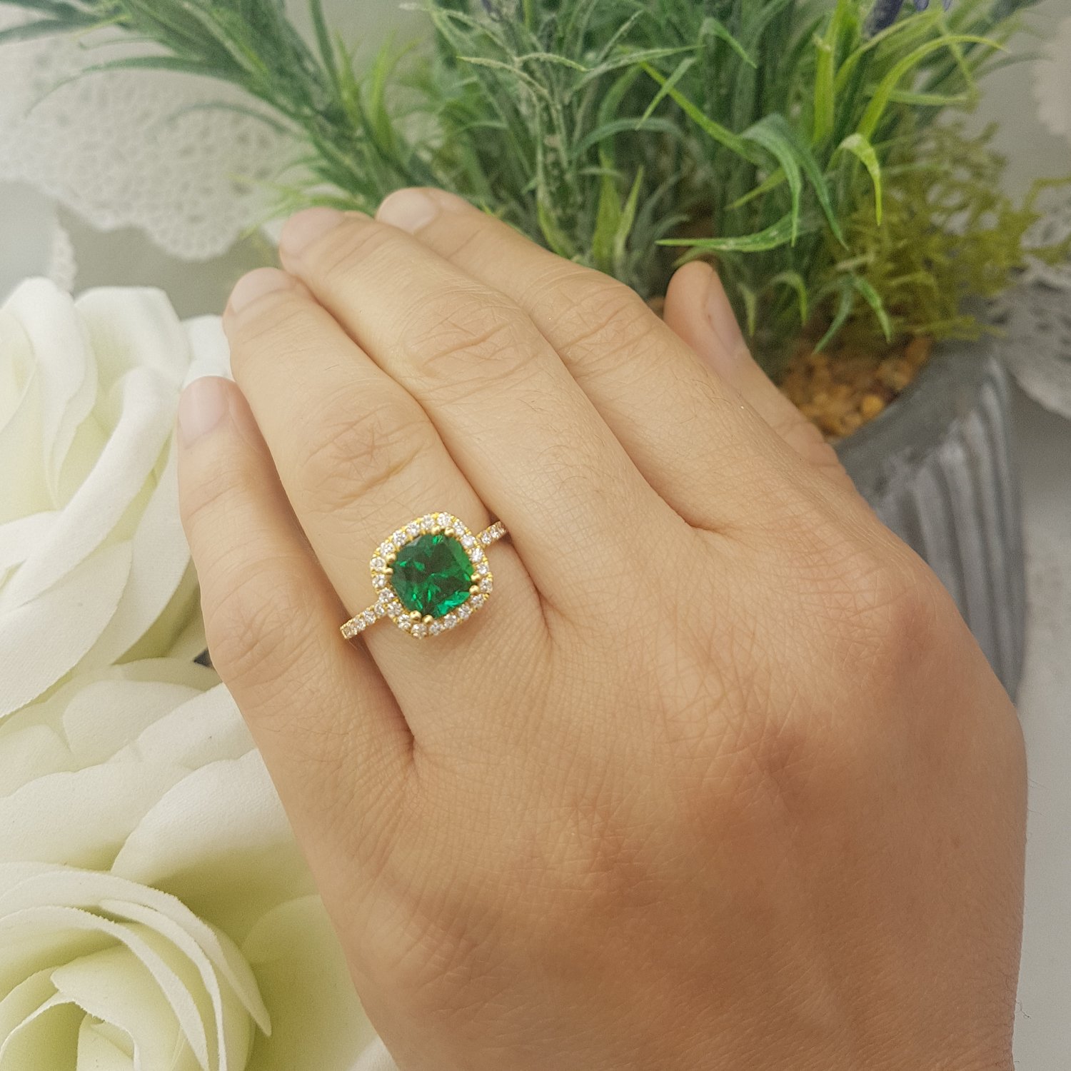 Dazzlingrock Collection 7.5 mm Cushion Lab Created Emerald & Round White Diamond Halo Engagement Ring for Women in 14K Yellow Gold Size 8