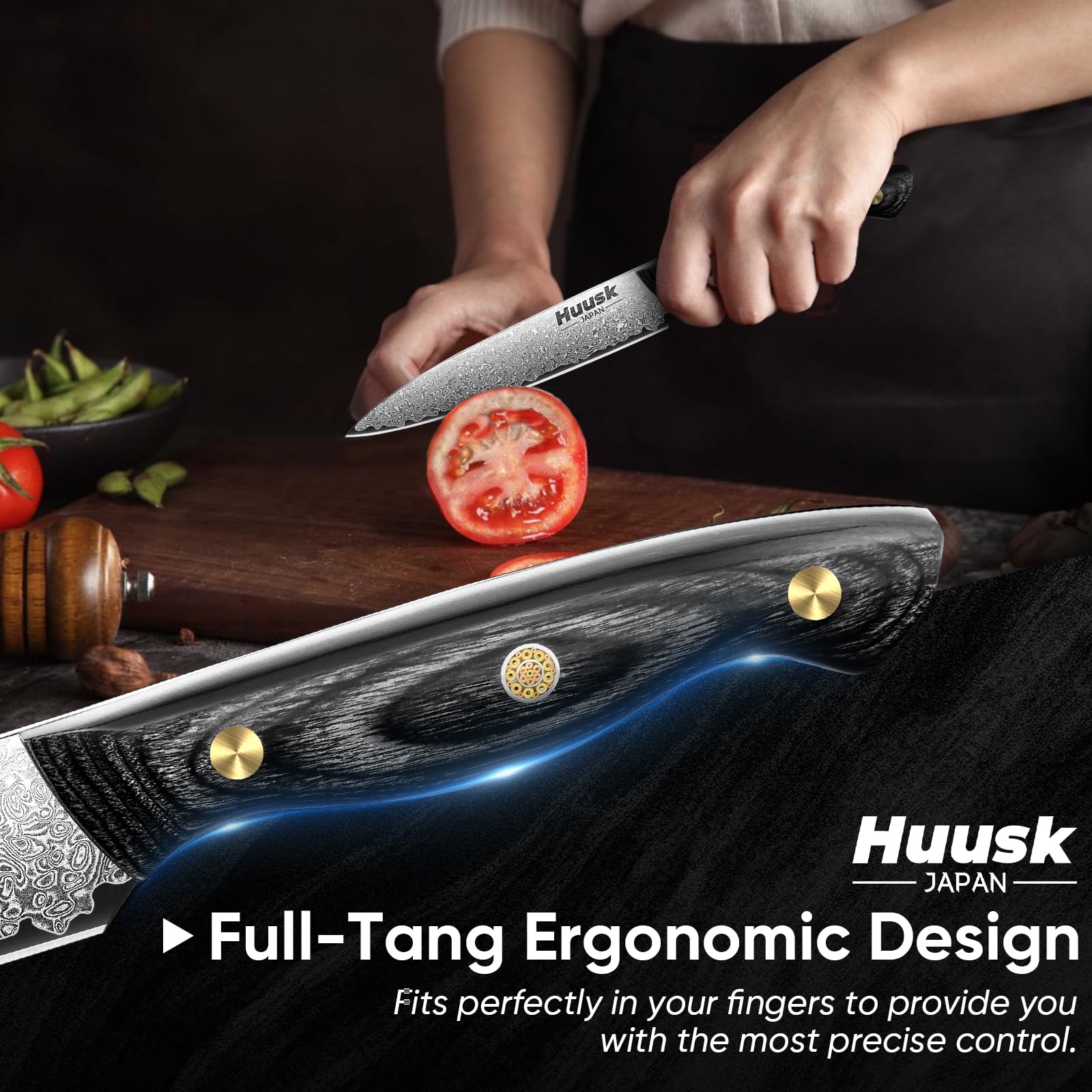 Huusk Damascus Chef Knife Set 3 PCS,VG10 Santoku Knife set,Damascus Kitchen Utility Knife set with Wooden Handle, Versatile Knife for Vegetable Fruit Meat, Birthday Dad Mom Gift