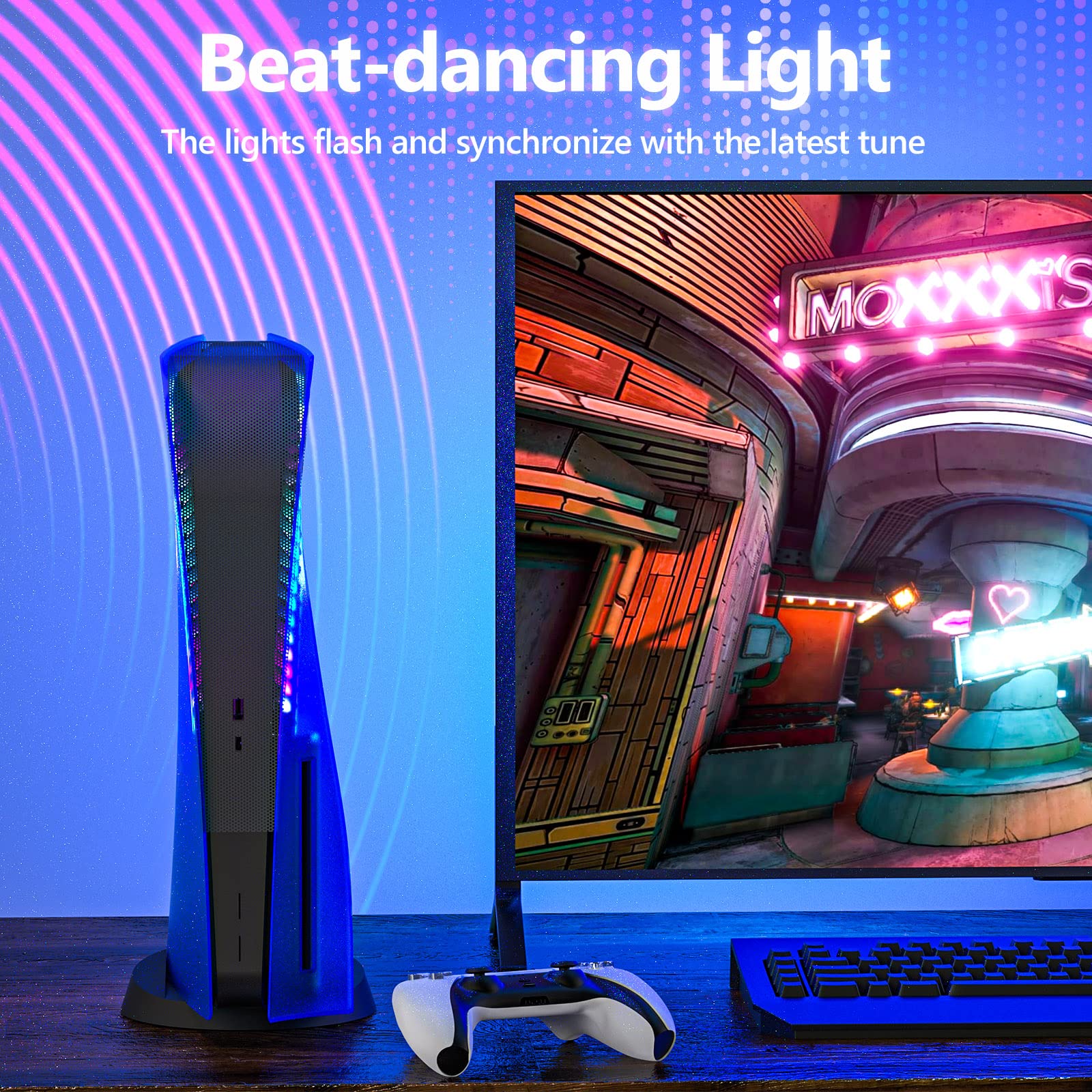Face Plates for PS 5 Console + RGB LED Light Strip + Dust Cover Net, PS 5 Kit with Transparent Shockproof ABS Shell, Pets Hair Anti-dust Cover, 8 Colors RGB LED Light Ring. (Disc Version Clear Blue)