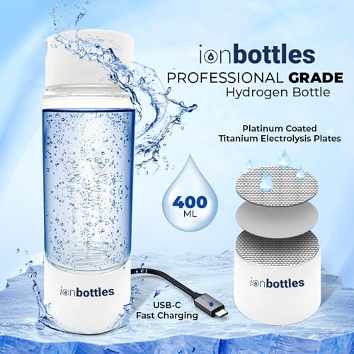 ionBottlesĀ® - Pro Model Rechargeable Portable Glass Hydrogen Water Generator Bottle up to 3000 PPB with PEM and SPE Technology Balanced Perfectly Balanced pH Water Ionizer